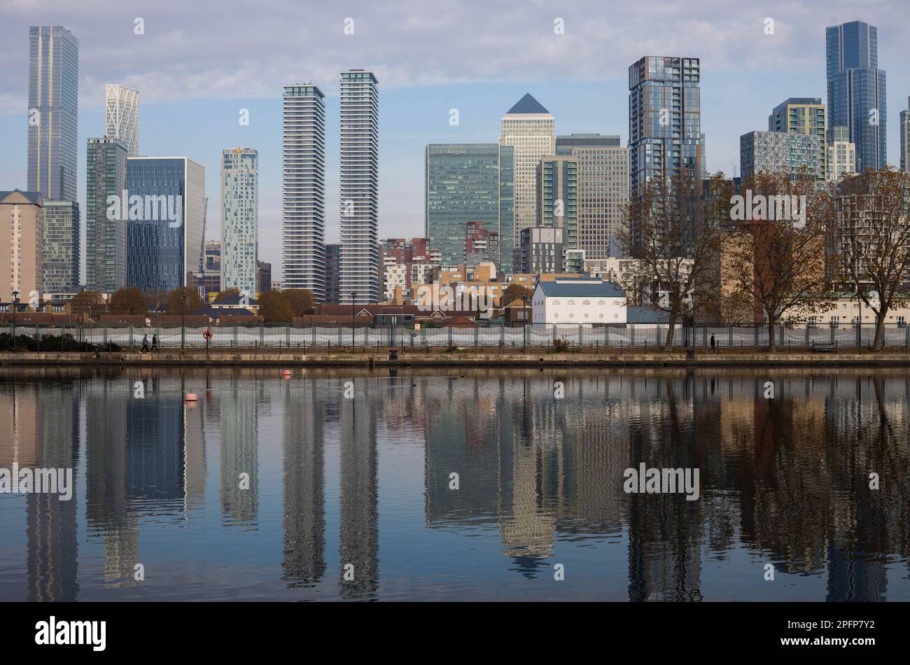 Isle of Dogs skyline viewed from Millwall Dock with multiple ...