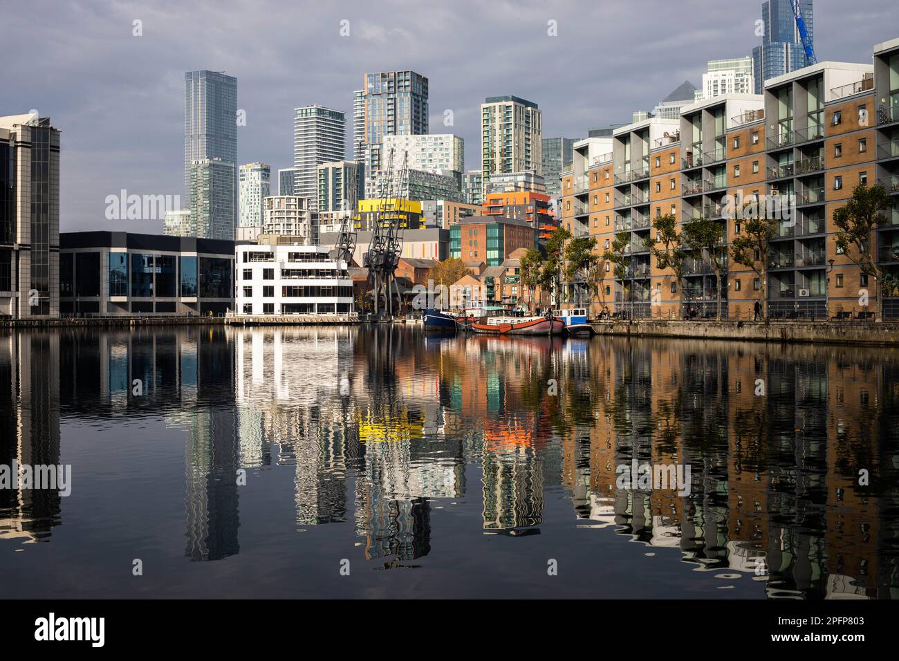 Colourful Millwall Dock skyline on the Isle of Dogs, London, with ...