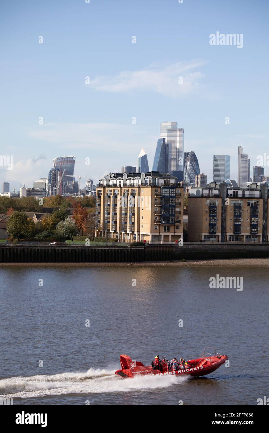 A Thames Rockets rib boat speeds up the Thames. Carrying passengers on ...