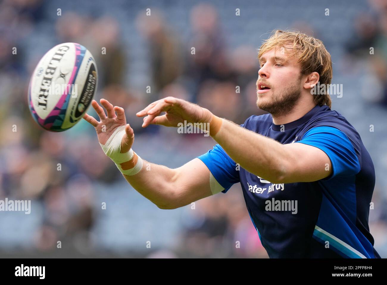 Jonny Gray #5 of Scotland warms up before the 2023 Guinness 6 Nations ...
