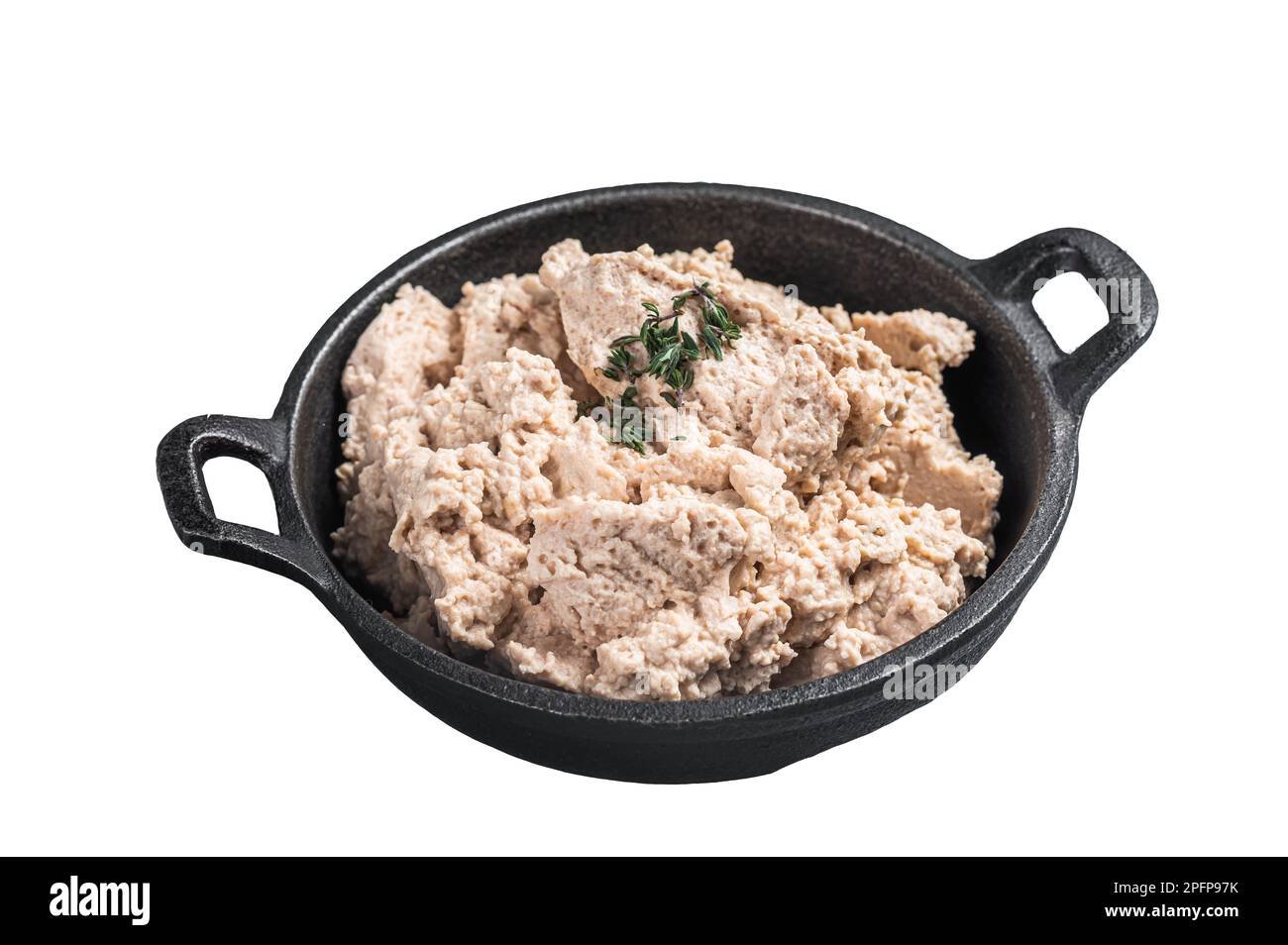 Cod liver Spread with oil in a skillet. Isolated on white background ...