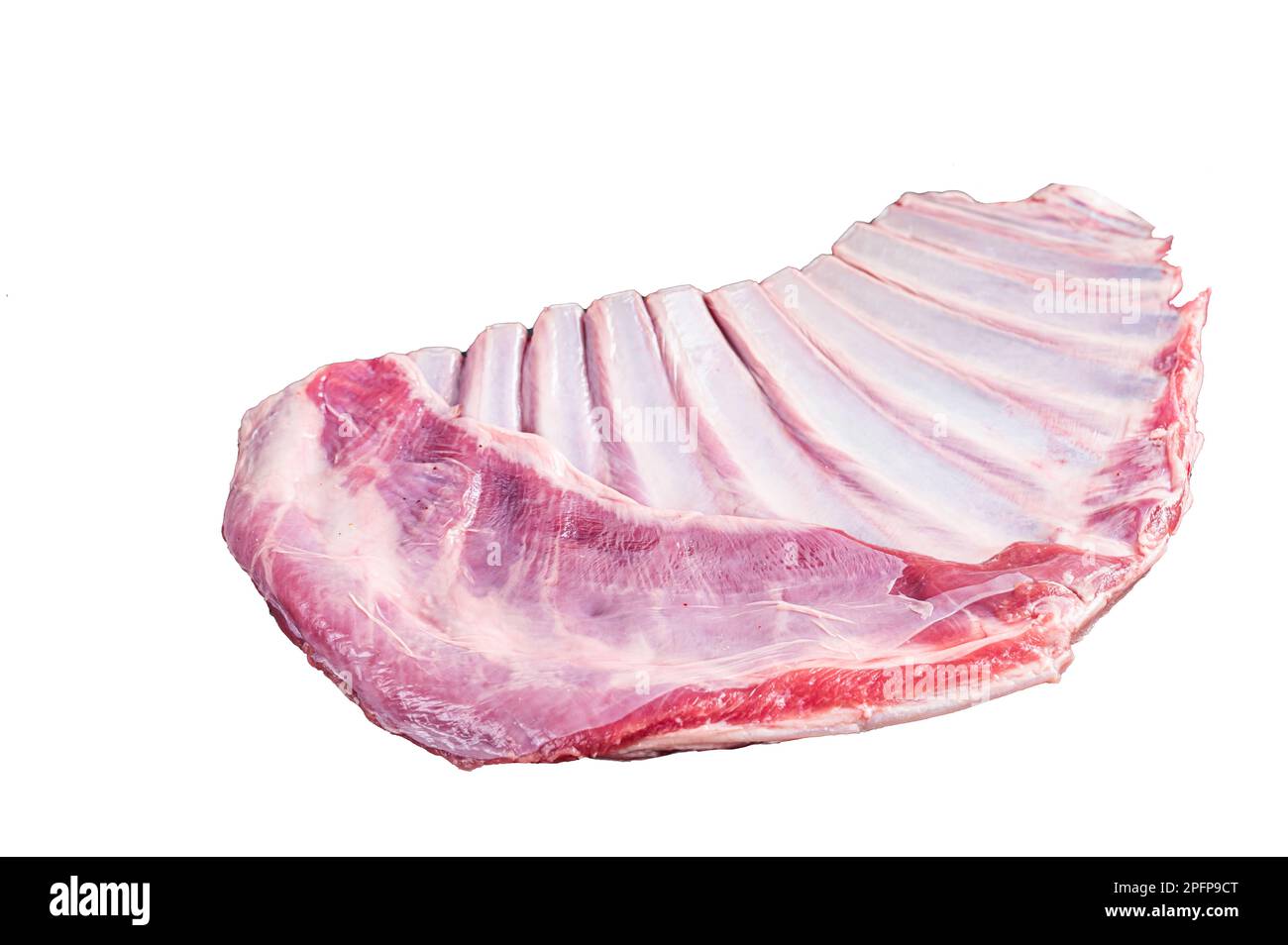 Rack of lamb, raw mutton ribs on kitchen table with spices. Isolated on ...