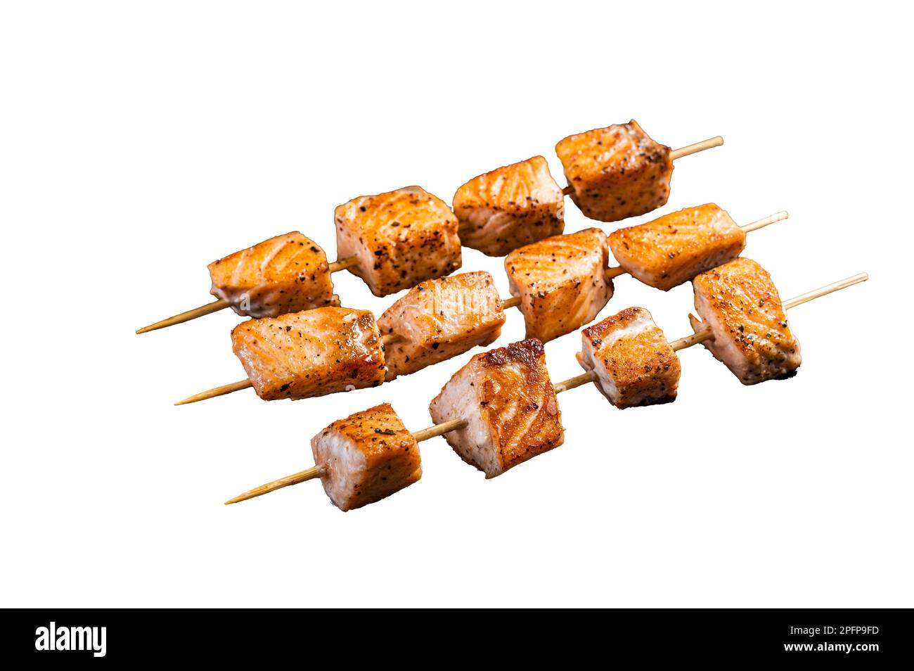 Grilled salmon kebab skewers. Isolated on white background Stock Photo ...
