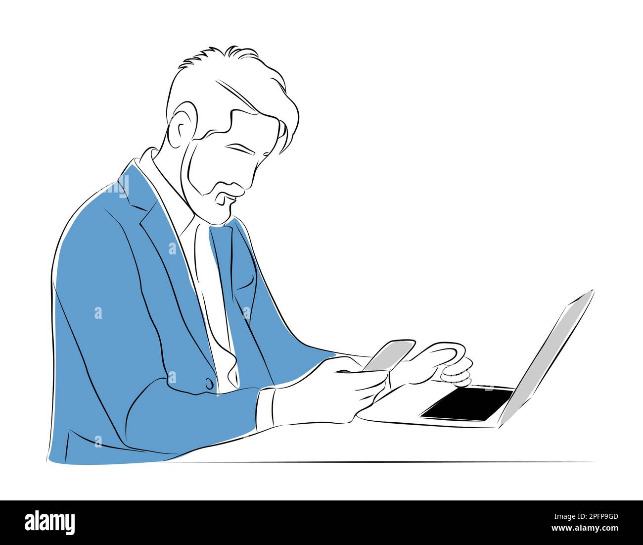 Business man sitting with laptop and mobile phone Stock Vector Image ...