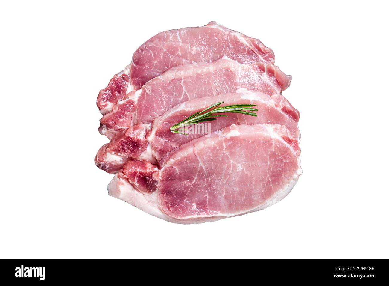 Raw pork chop steaks in steel tray with rosemary. Isolated on white ...