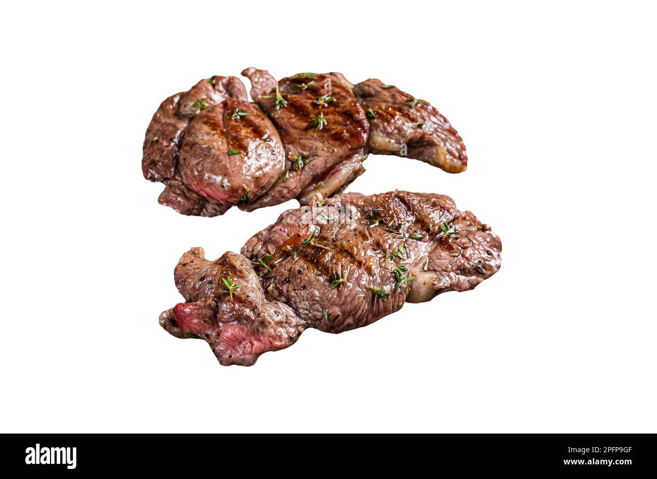 Grilled Lamb chop leg steaks, mutton meat with herbs. Isolated on white ...