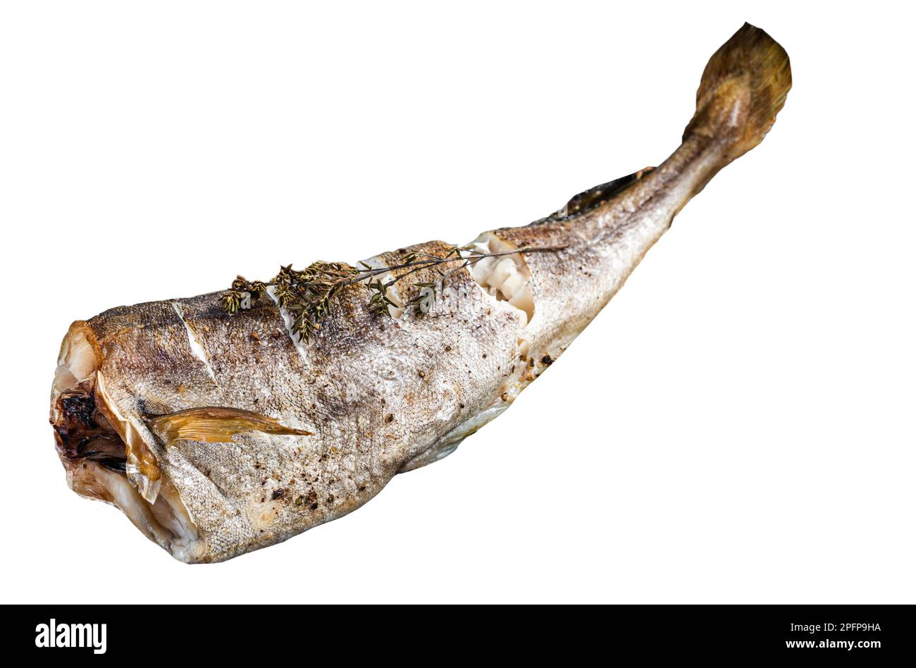 Roasted cod white fish with thyme on marble board. Isolated on white ...