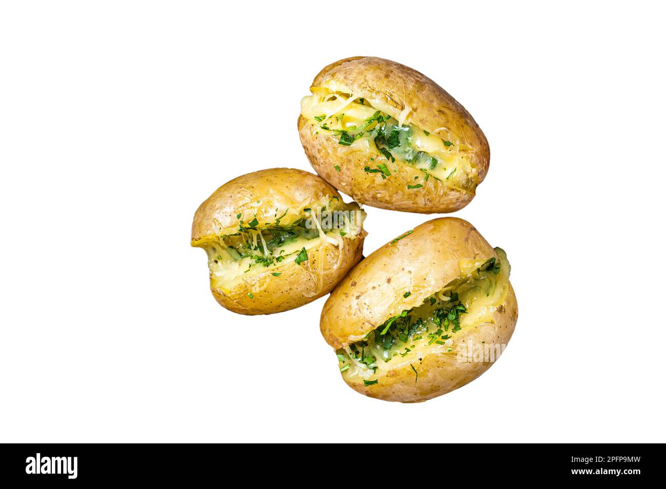 Baked Jacket potatoes with cheese, herbs and butter. Isolated on white ...
