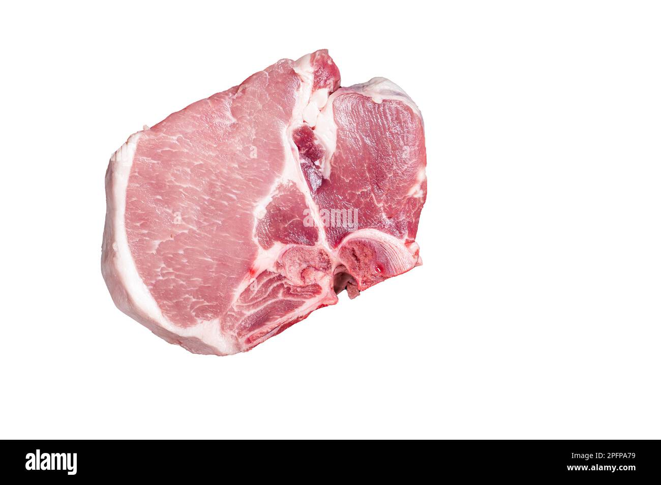 Uncooked Raw pork T bone chop meat steak on grill. Isolated on white ...