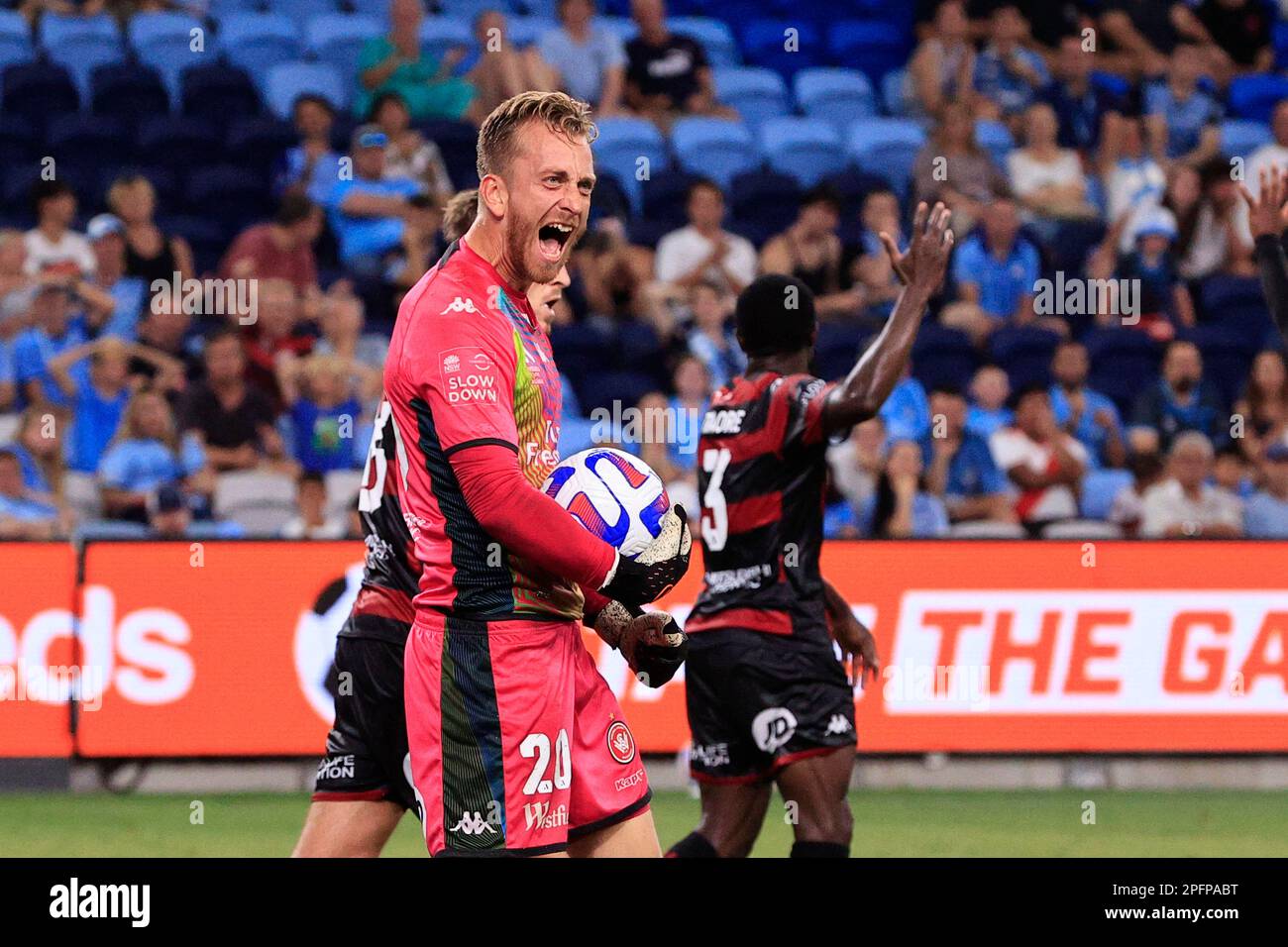 Lawrence Thomas of the Wanderers reacts after saving a shot from Sydney FC during the A-League ...