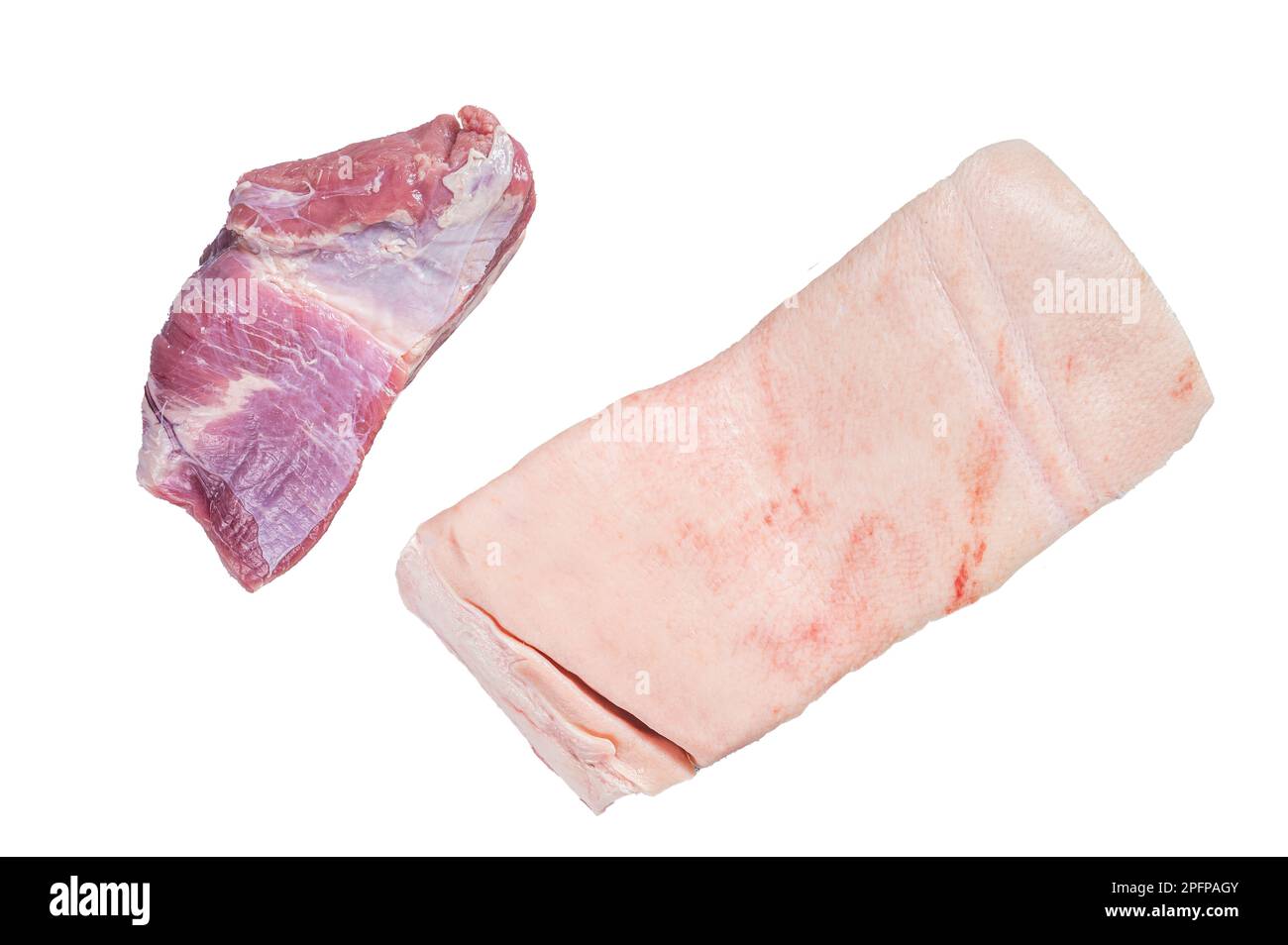 Raw pork belly with skin on a butcher table. Isolated on white ...