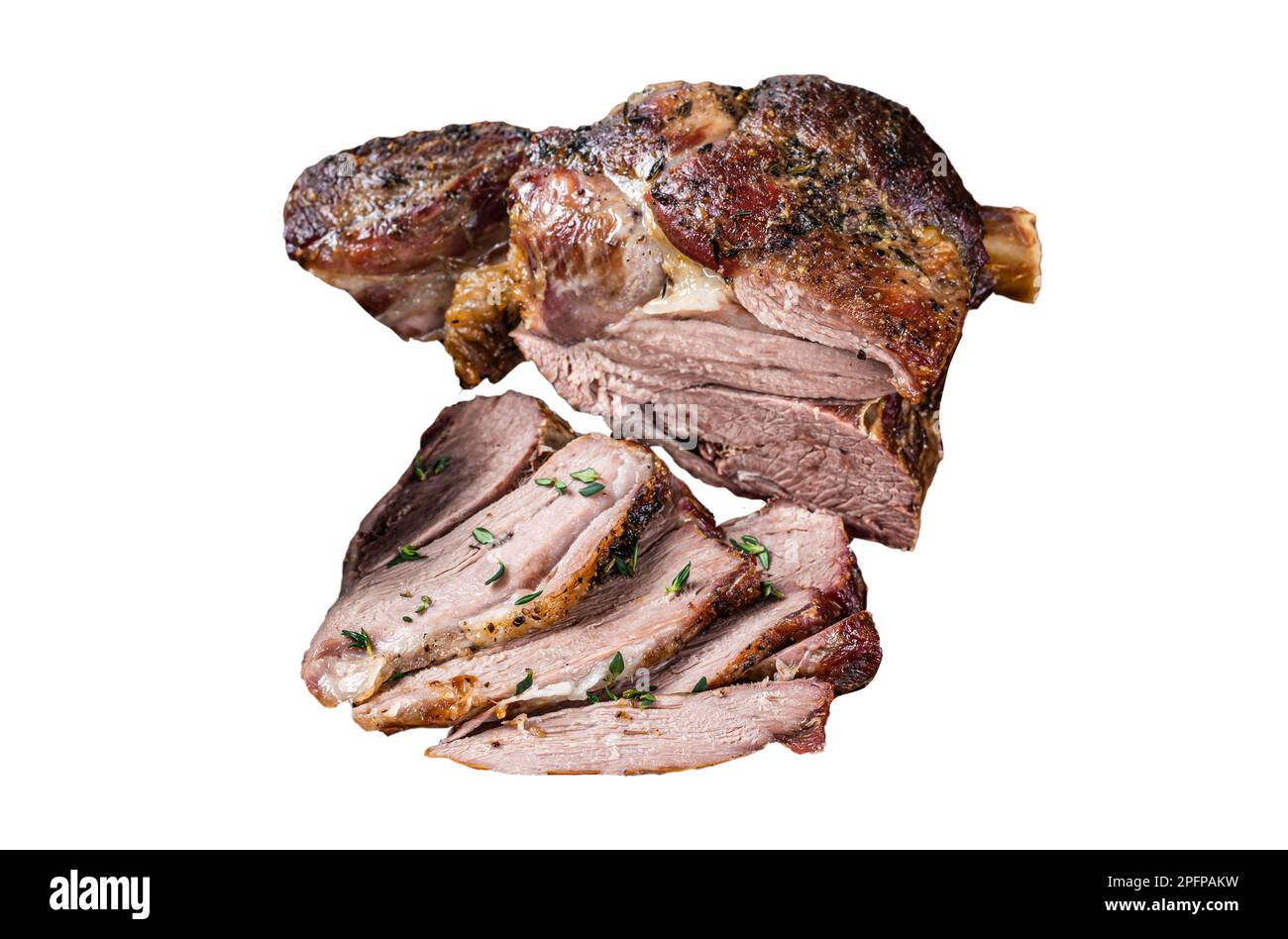 BBQ Roast Lamb mutton leg sliced on a rustic plate. Isolated on white ...