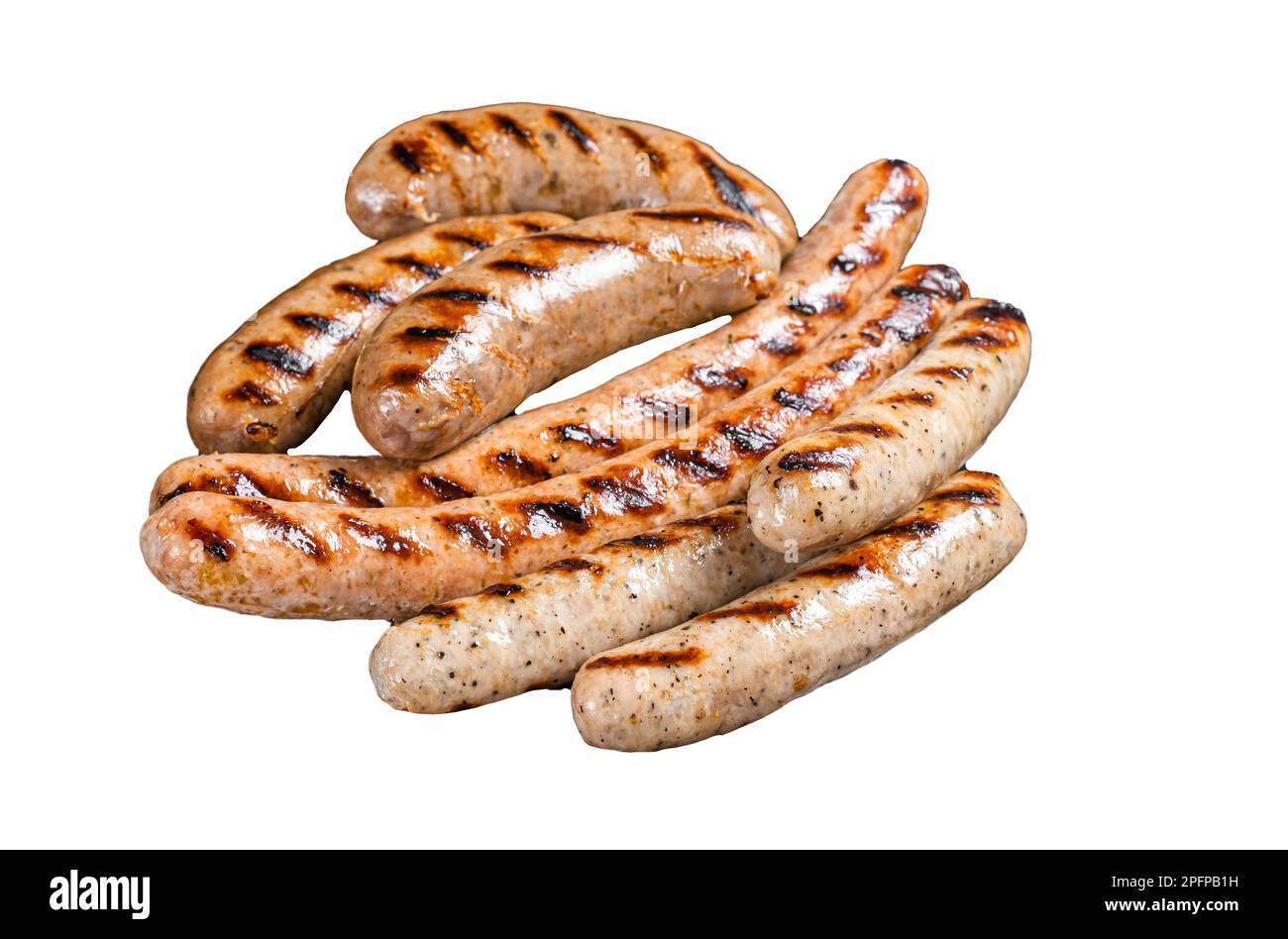 Grilled Bratwurst meat sausages on a steel tray with herbs. Isolated on ...