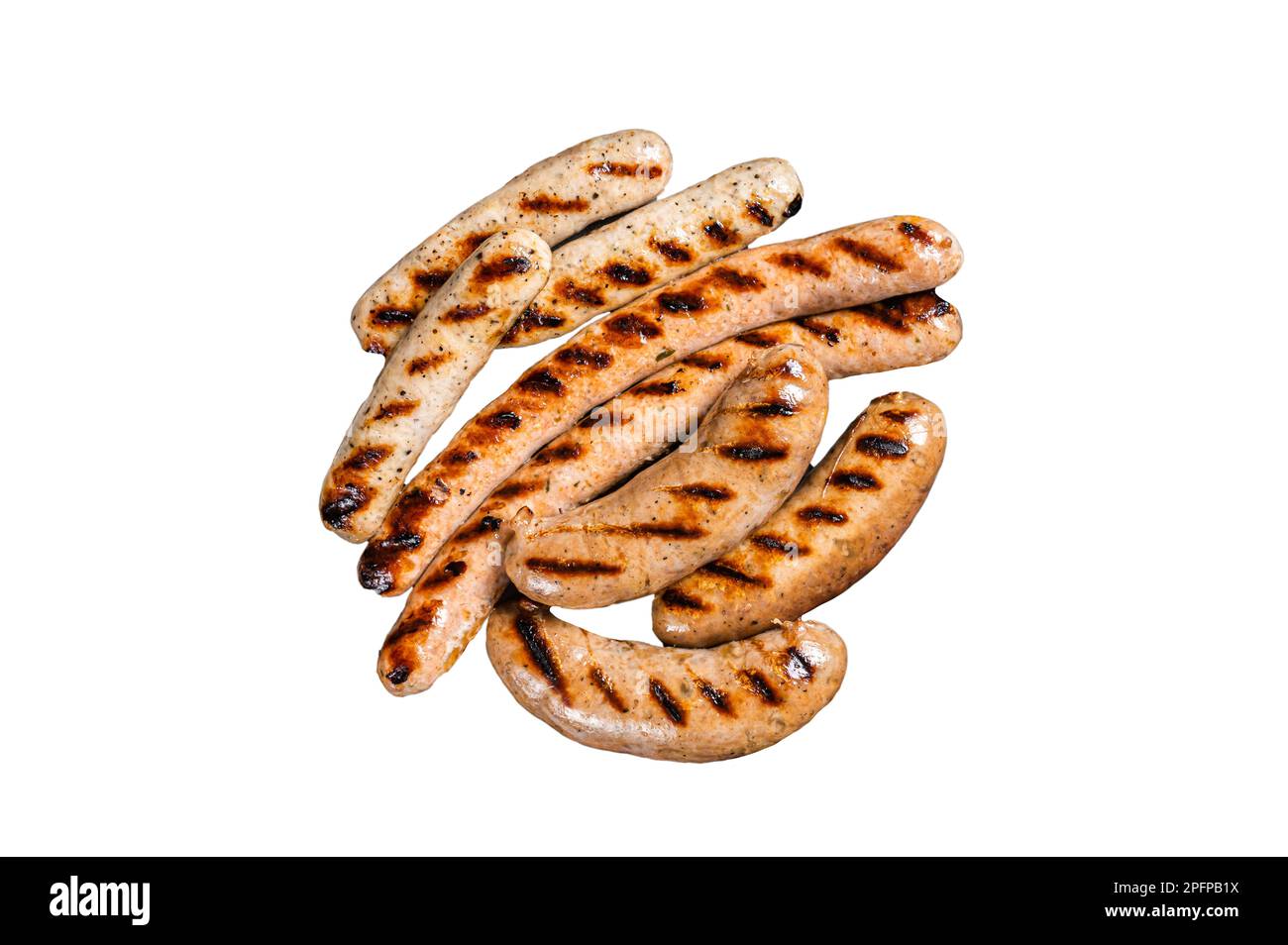 Grilled Bratwurst meat sausages on a steel tray with herbs. Isolated on ...