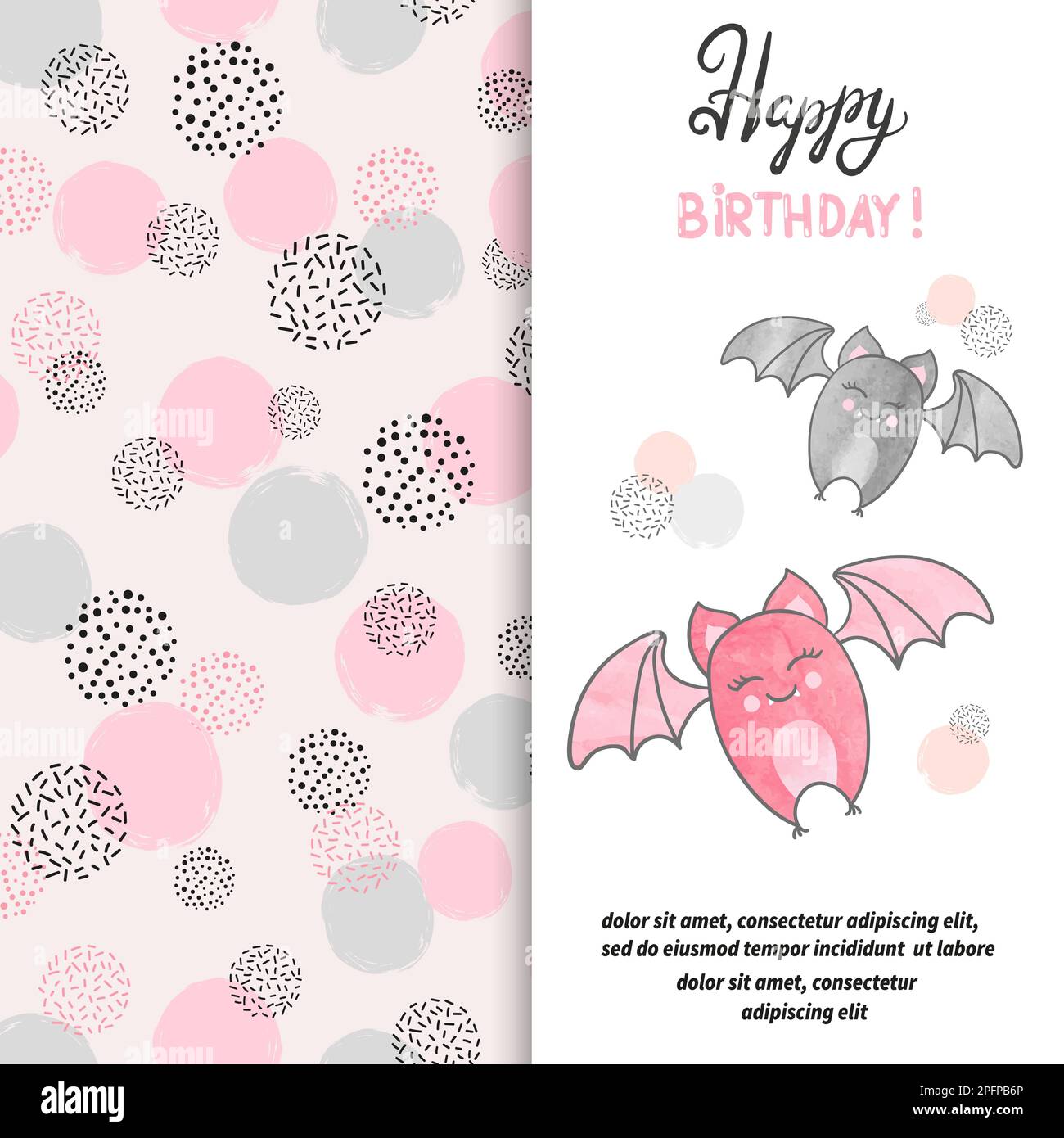 Birthday card design with cute flying bats. Vector illustration Stock ...