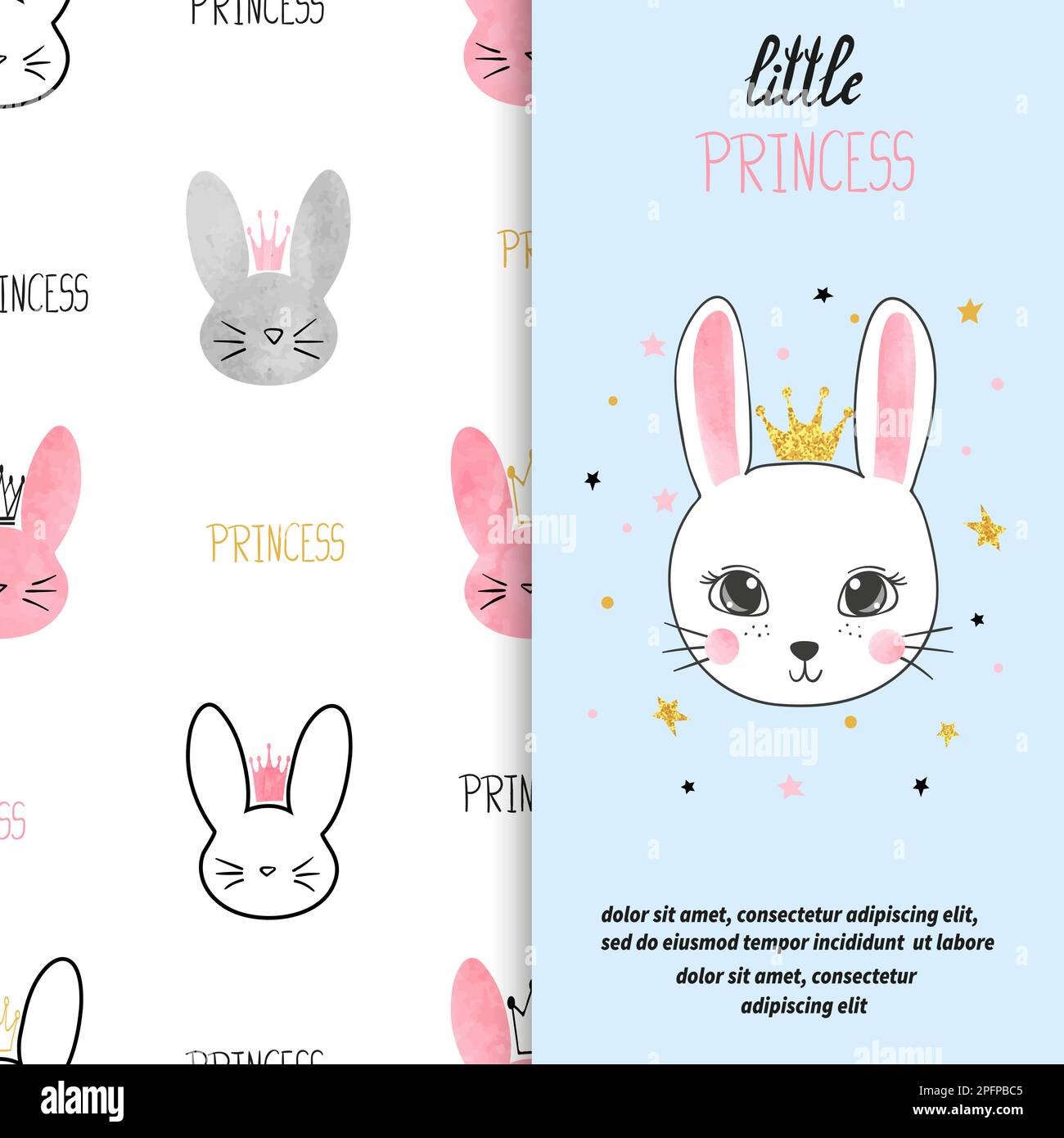 Birthday card design with cute princess bunny. Vector illustration ...