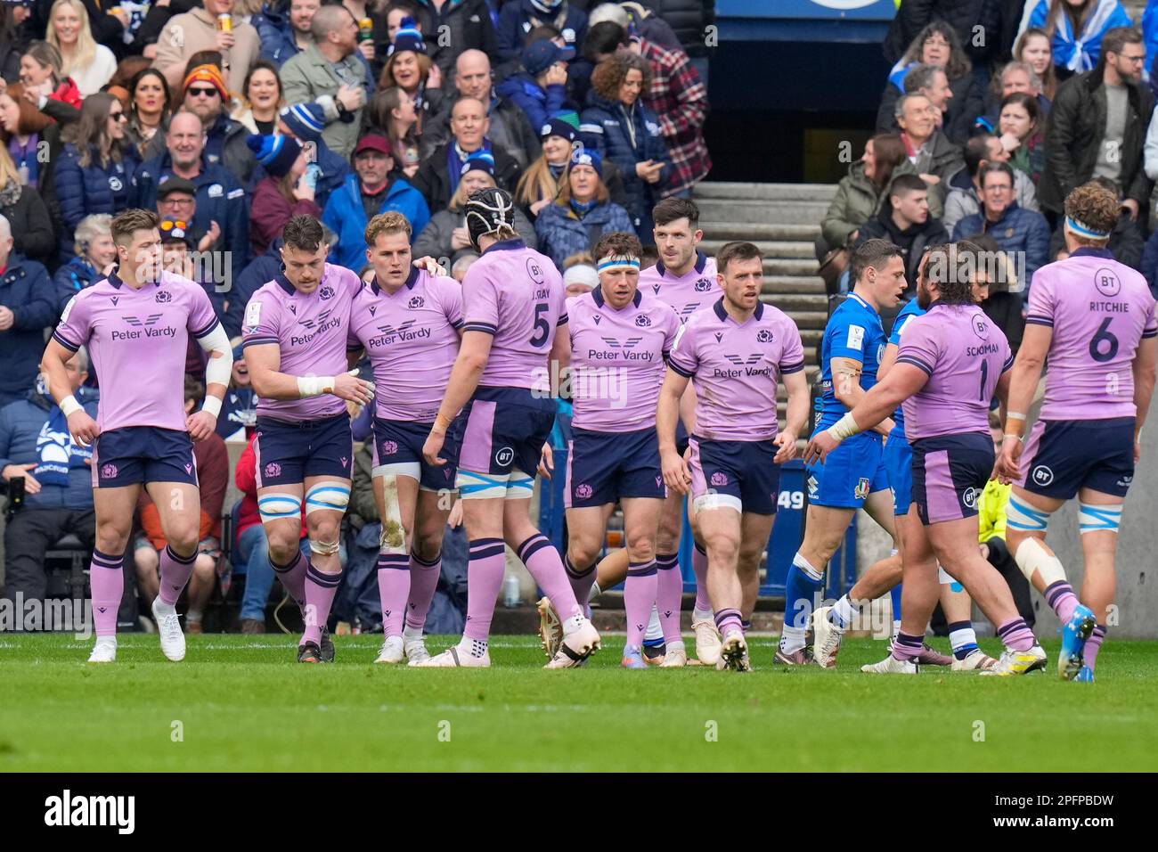 Scotland players celebrate with try scorer Duhan van der Merwe #11 of ...