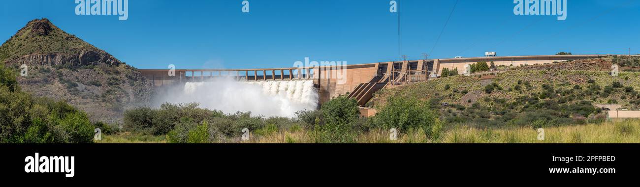 Panorama of the Vanderkloof Dam overflowing. It is the second largest ...