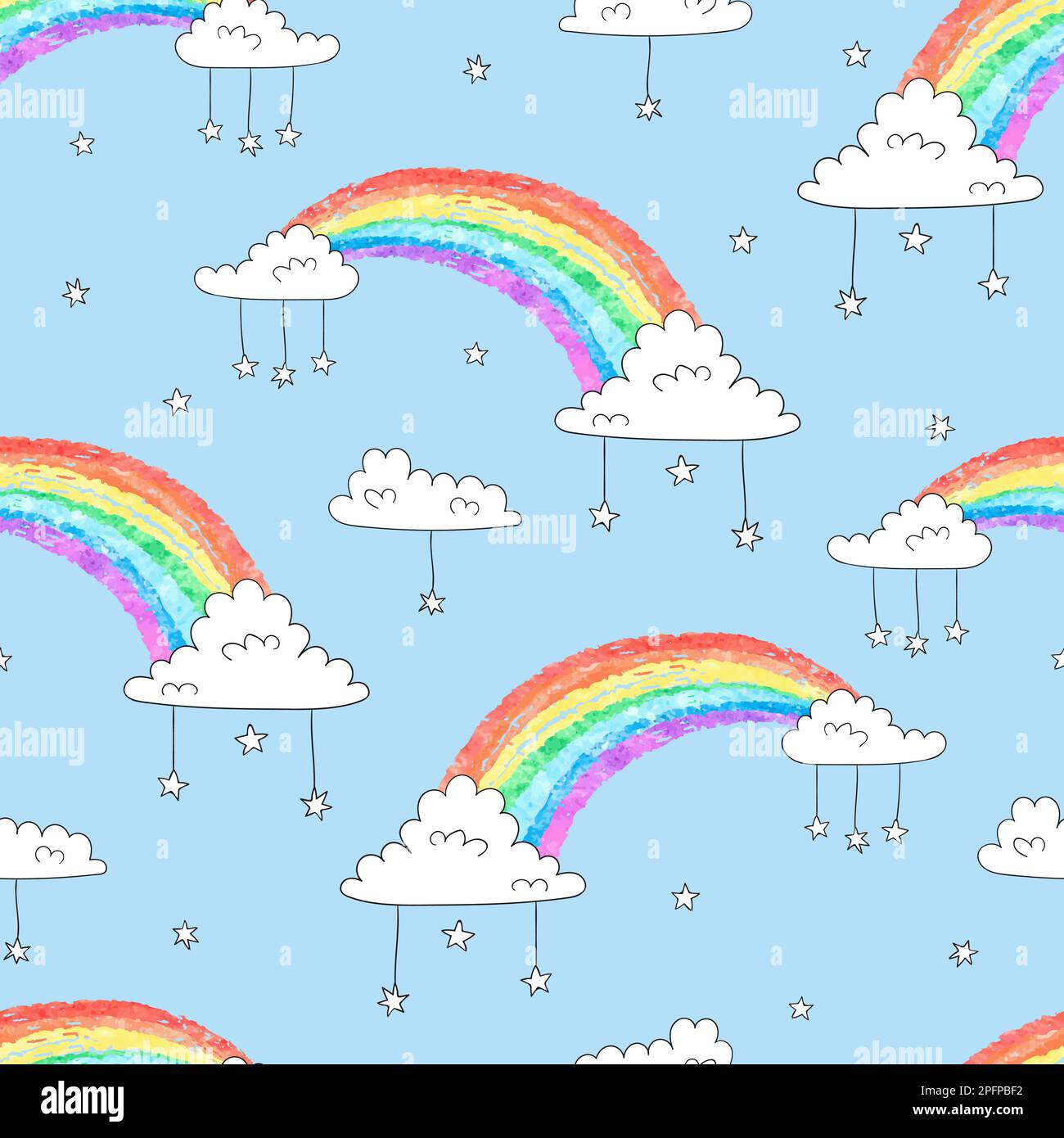 Cartoon rainbows and clouds seamless pattern. Colorful vector sky ...