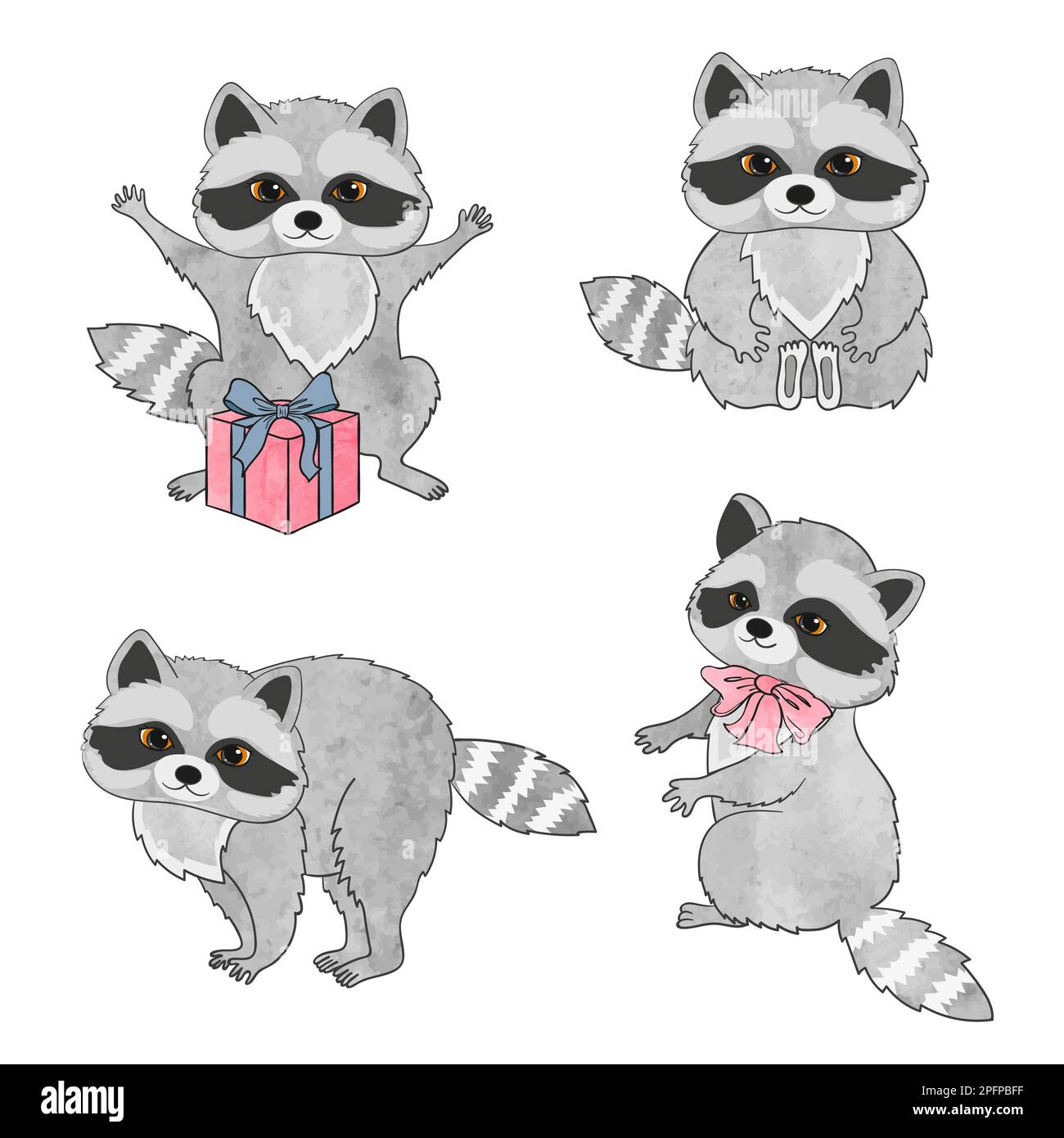 Set of cute raccoons isolated on white. Vector cartoon illustration ...