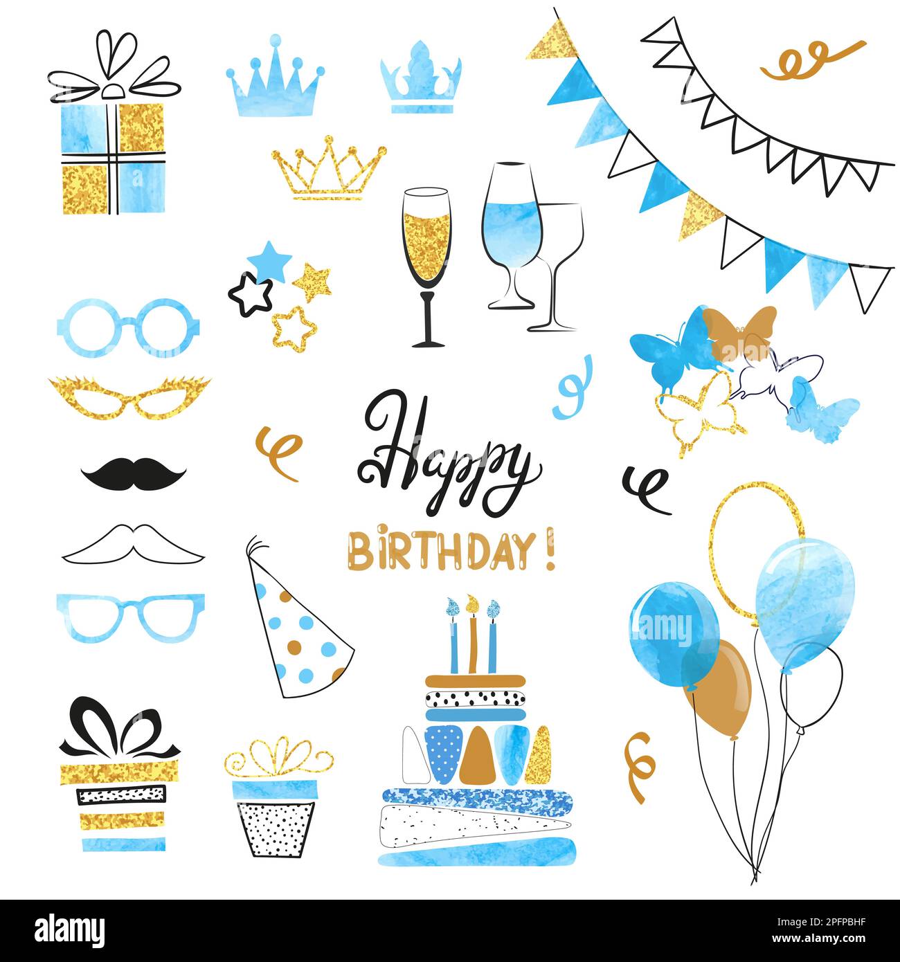 Birthday party icon set in blue, black and golden colors. Vector hand ...