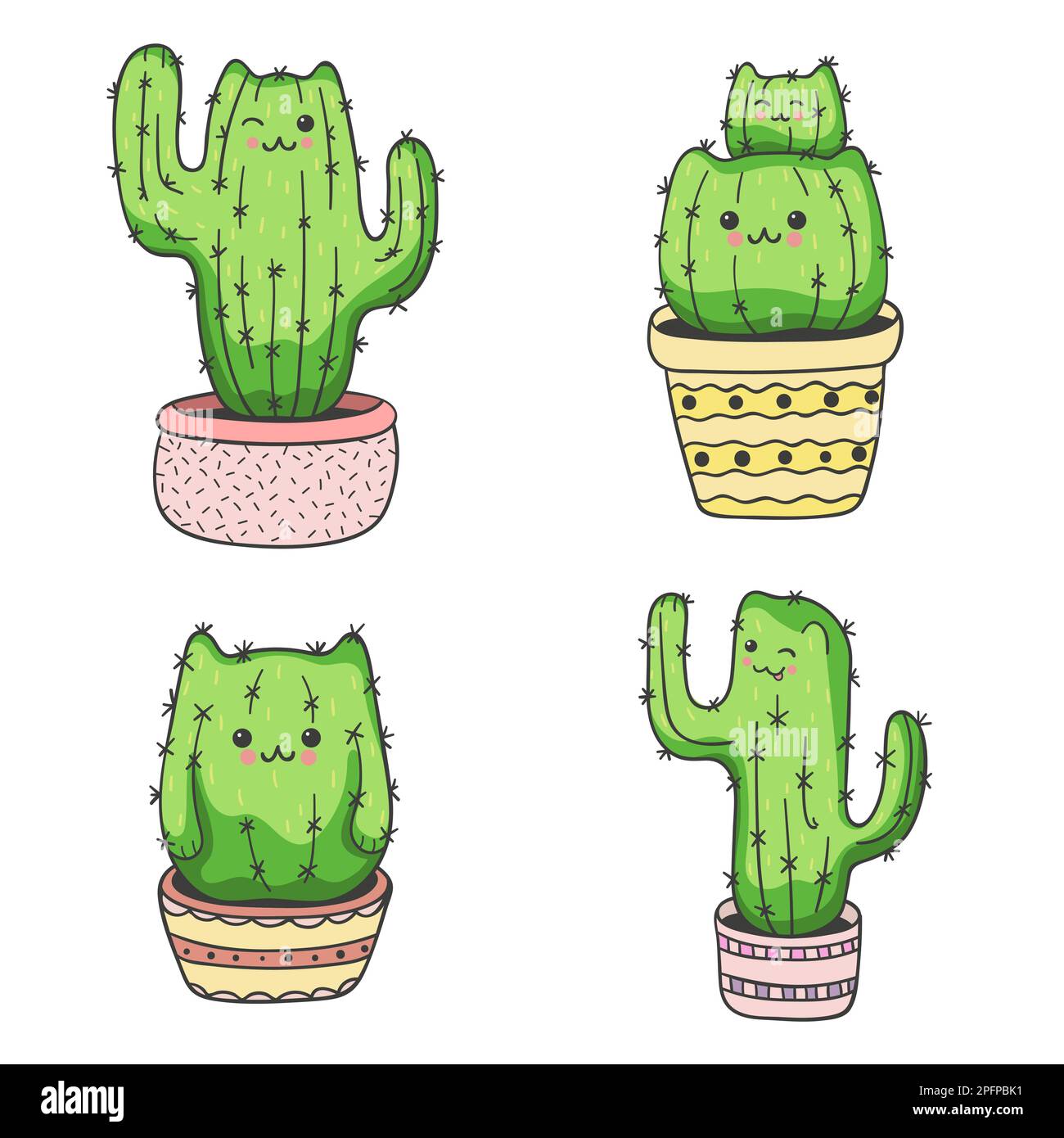 Set of cute cartoon cat cactus. Vector illustration Stock Vector Image ...