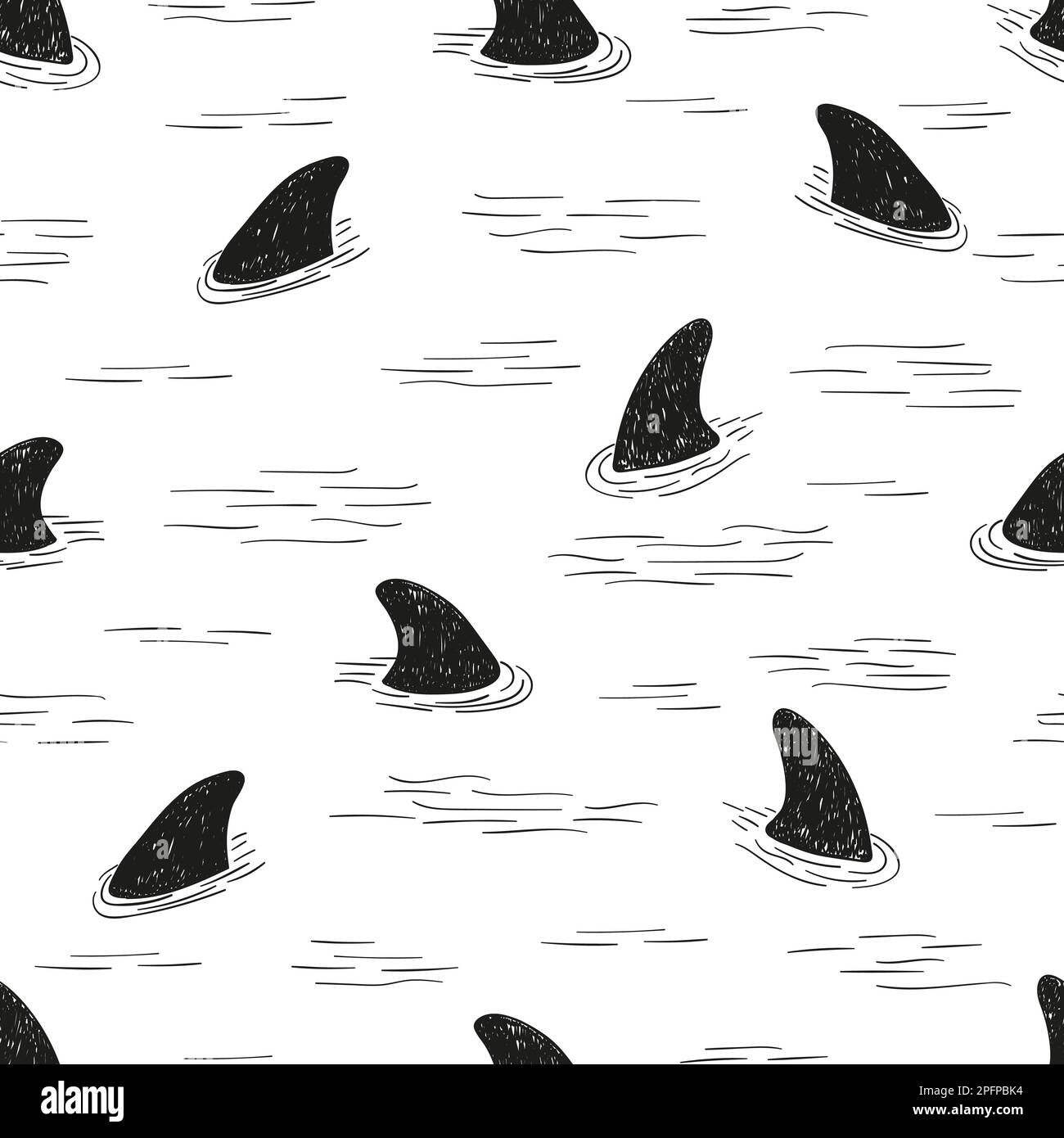 Seamless shark fin pattern. Vector black and white doodle background ...