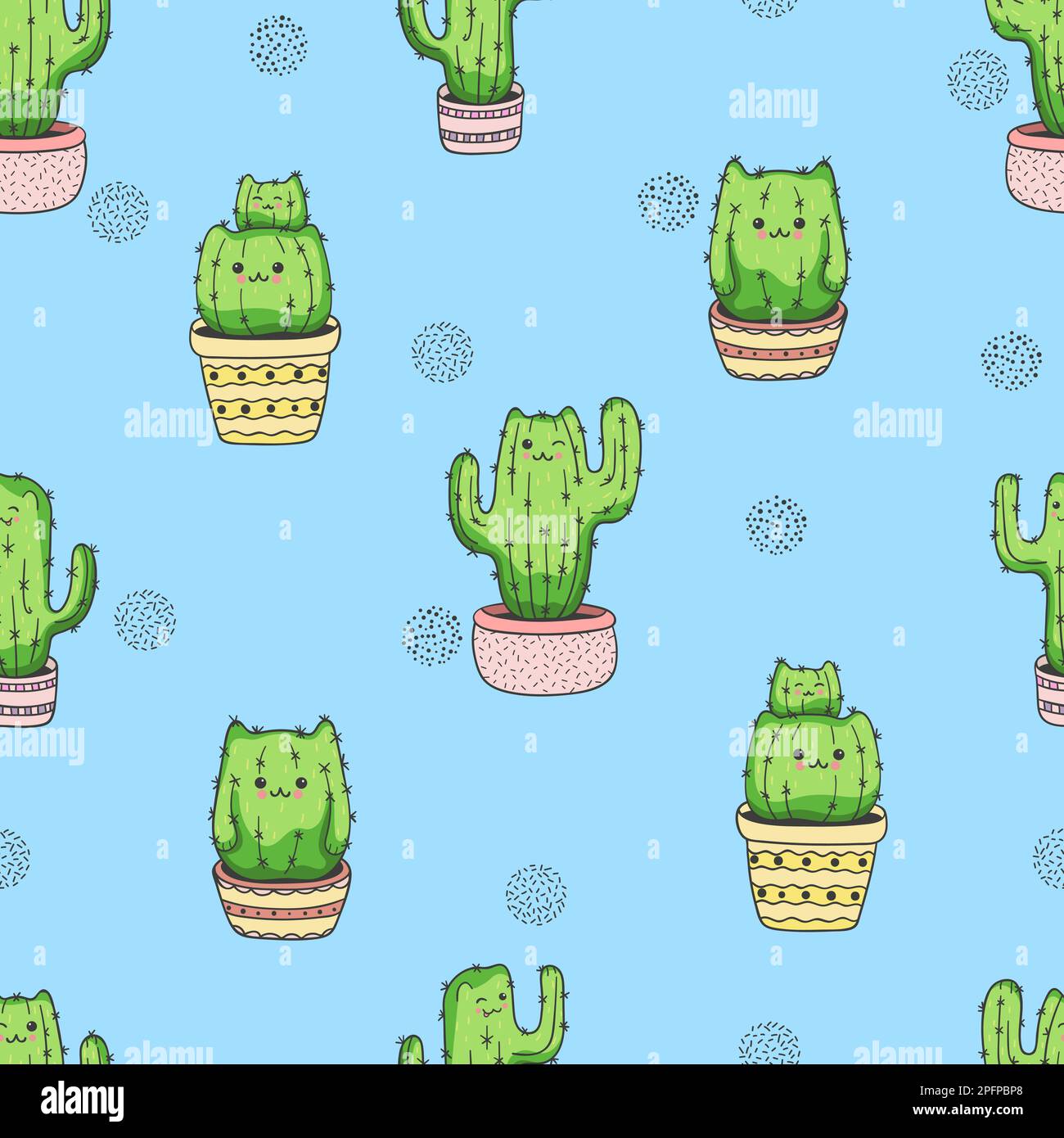 Cute cartoon cactus cat pattern. Vector seamless background Stock ...