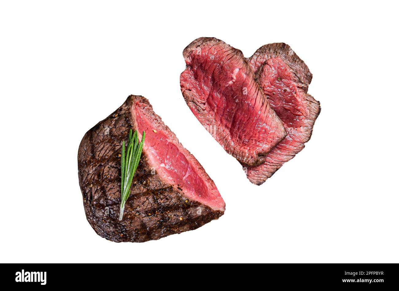 Roasted Rump beef steak sliced on a wooden cutting board. Isolated on ...