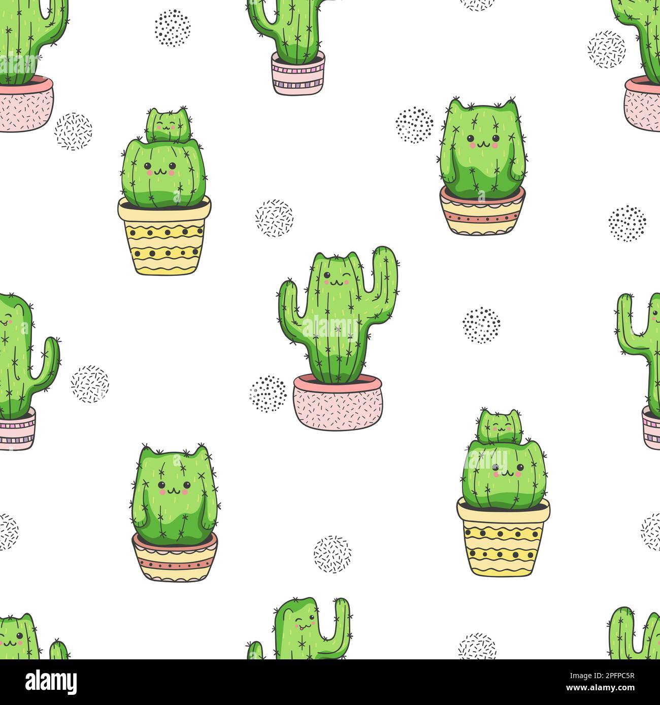 Seamless cactus cats pattern. Vector background with cute cartoon ...