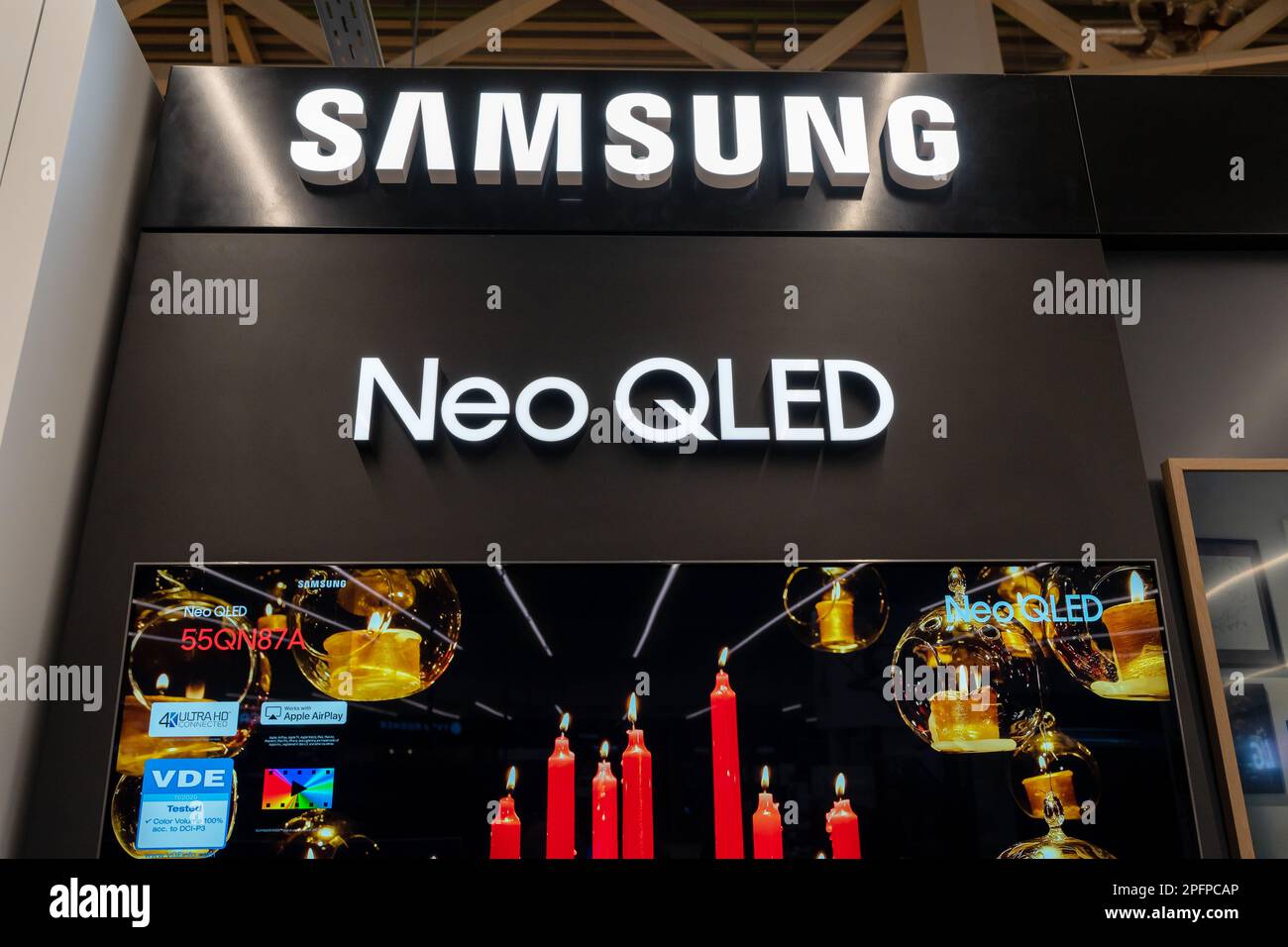 Samsung Logo and TV Neo Qled inside electronics store. Minsk, Belarus ...