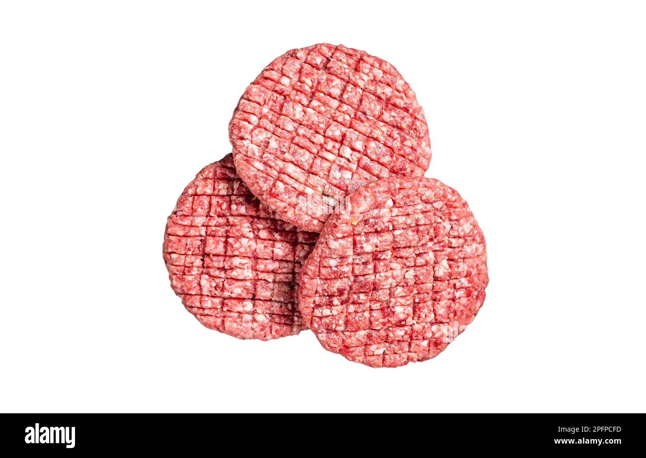 Fresh raw homemade minced beef steak burger in steel tray. Isolated on ...