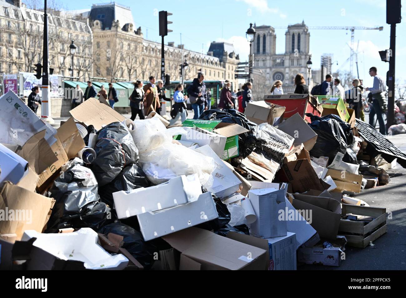Paris, France. 18th Mar, 2023. Illustration and view of the garbage ...