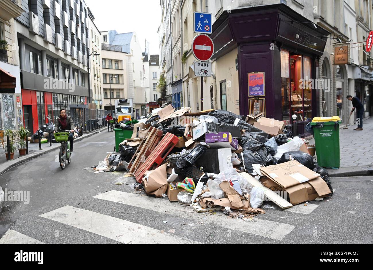 Paris, France. 18th Mar, 2023. Illustration and view of the garbage ...