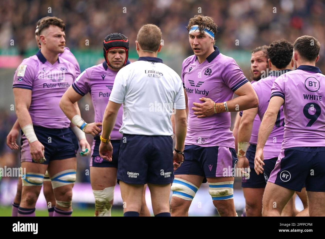Scotland's Jamie Ritchie speaks to referee Angus Gardner during the ...