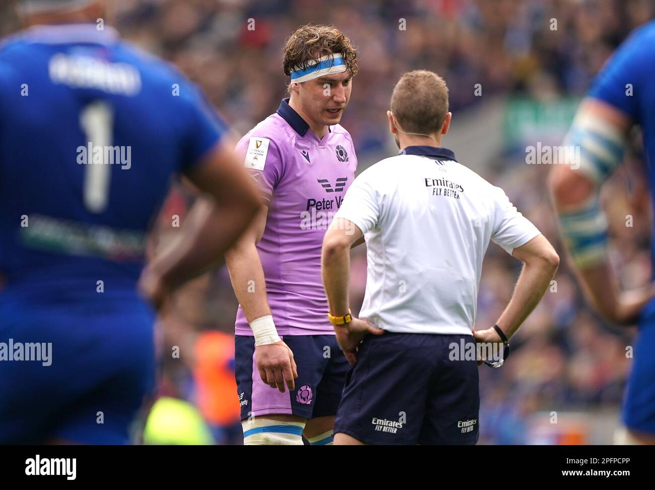 Scotland's Jamie Ritchie speaks to referee Angus Gardner during the ...