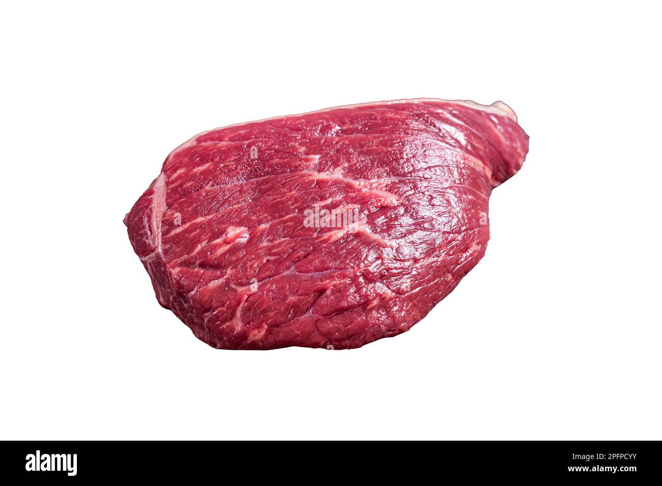 Raw rump beef cut or top sirloin meat steak on butcher table. Isolated ...