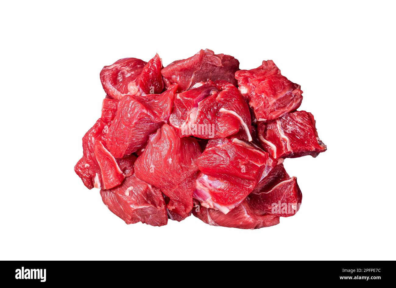 Raw diced red beef meat for Goulash on marble board. Isolated on white ...