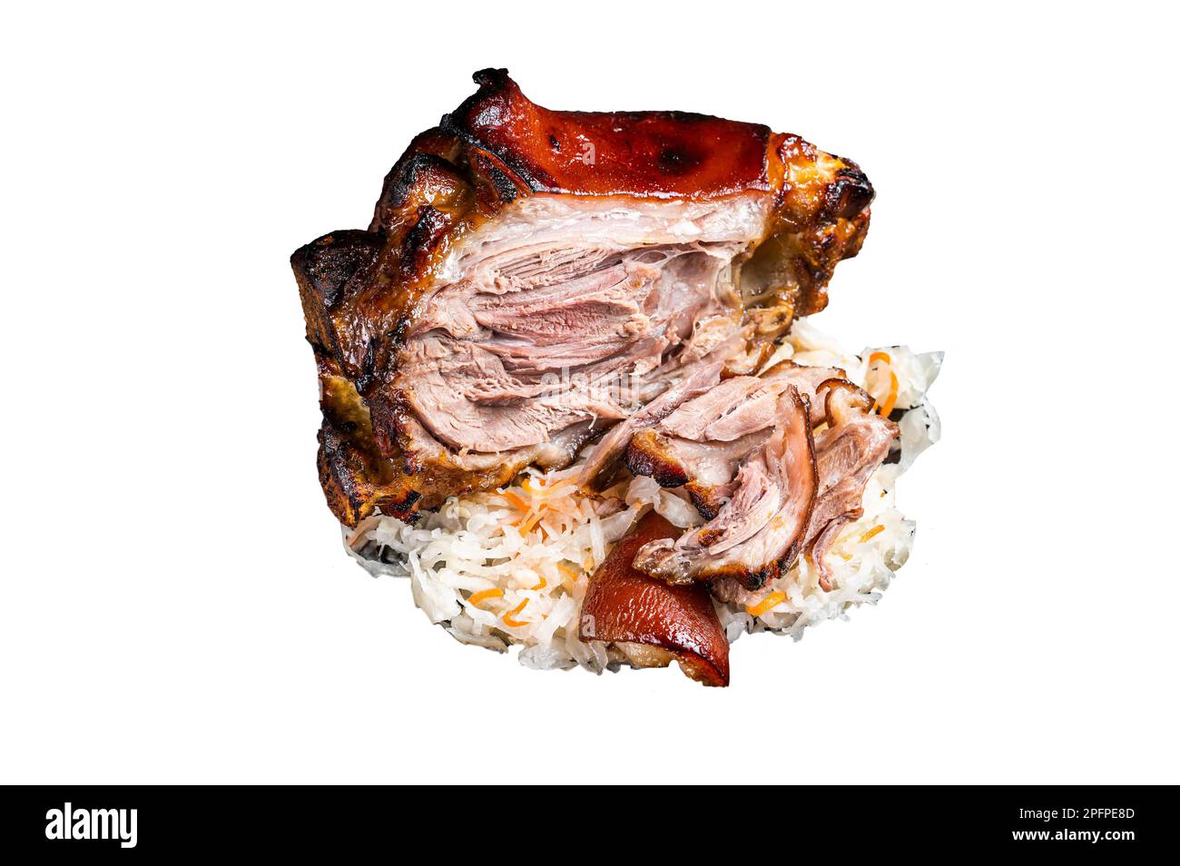 Roast Pork Ham Hock, knuckle with Sauerkraut on a plate. Isolated on ...