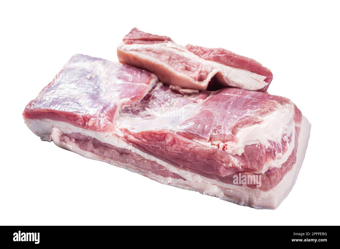 Raw pork belly with skin on a butcher table. Isolated on white ...