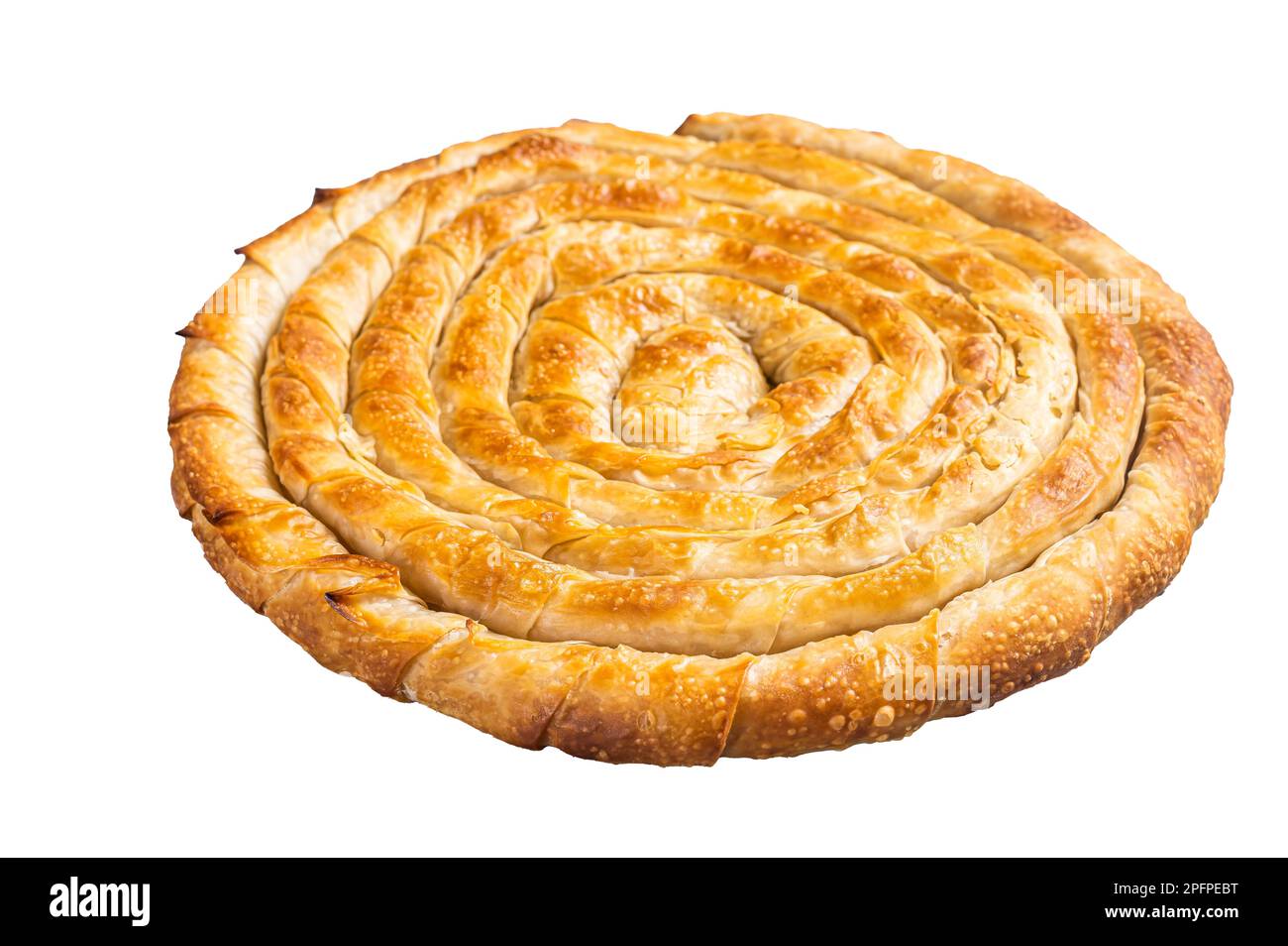 Baked homemade traditional Greek cheese pie on kitchen table. Isolated ...