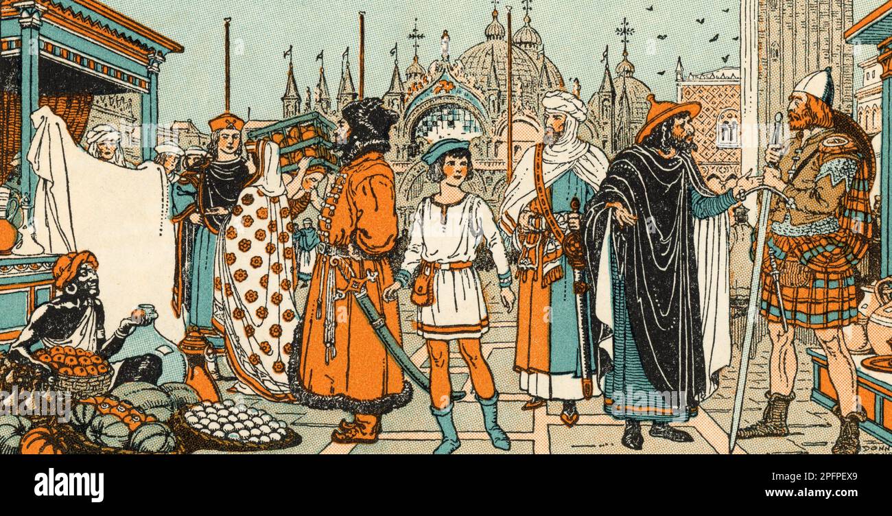The young Marco Polo (c1254-1324) watching the merchants in St. Mark's ...
