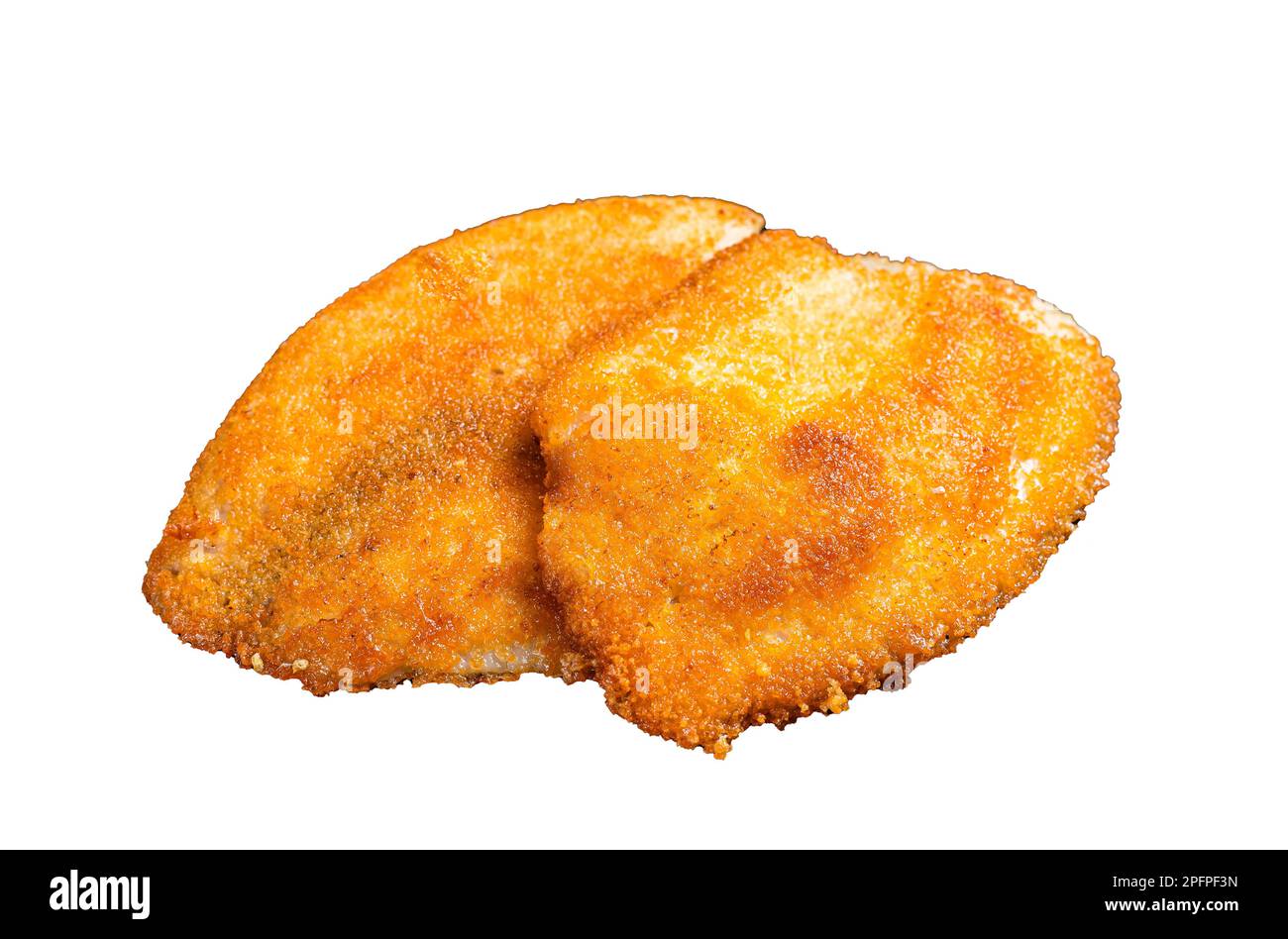 Fried breaded tilapia fillets on a marble board. Isolated on white ...