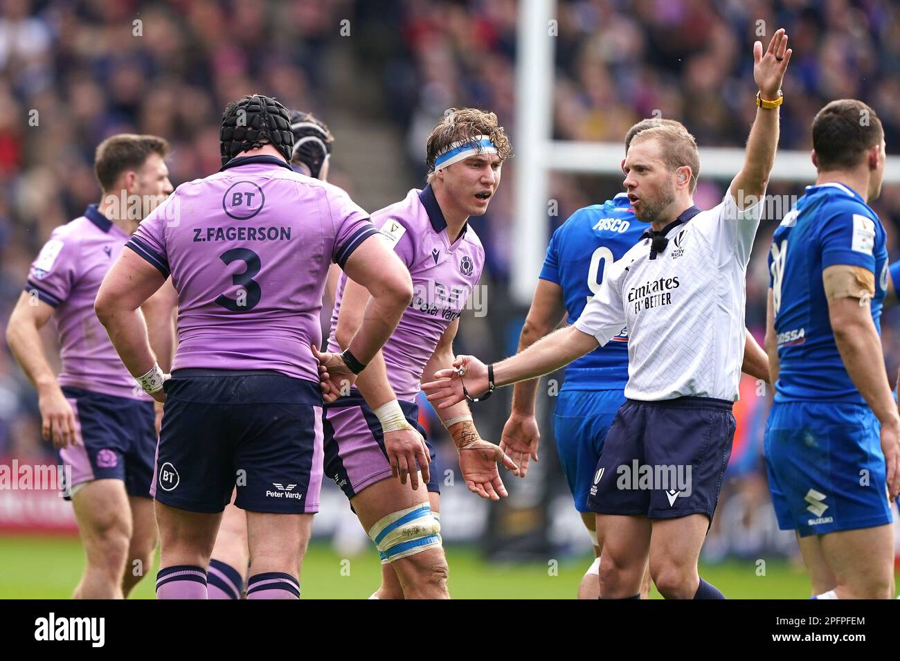 Scotland's Jamie Ritchie speaks to referee Angus Gardner during the ...