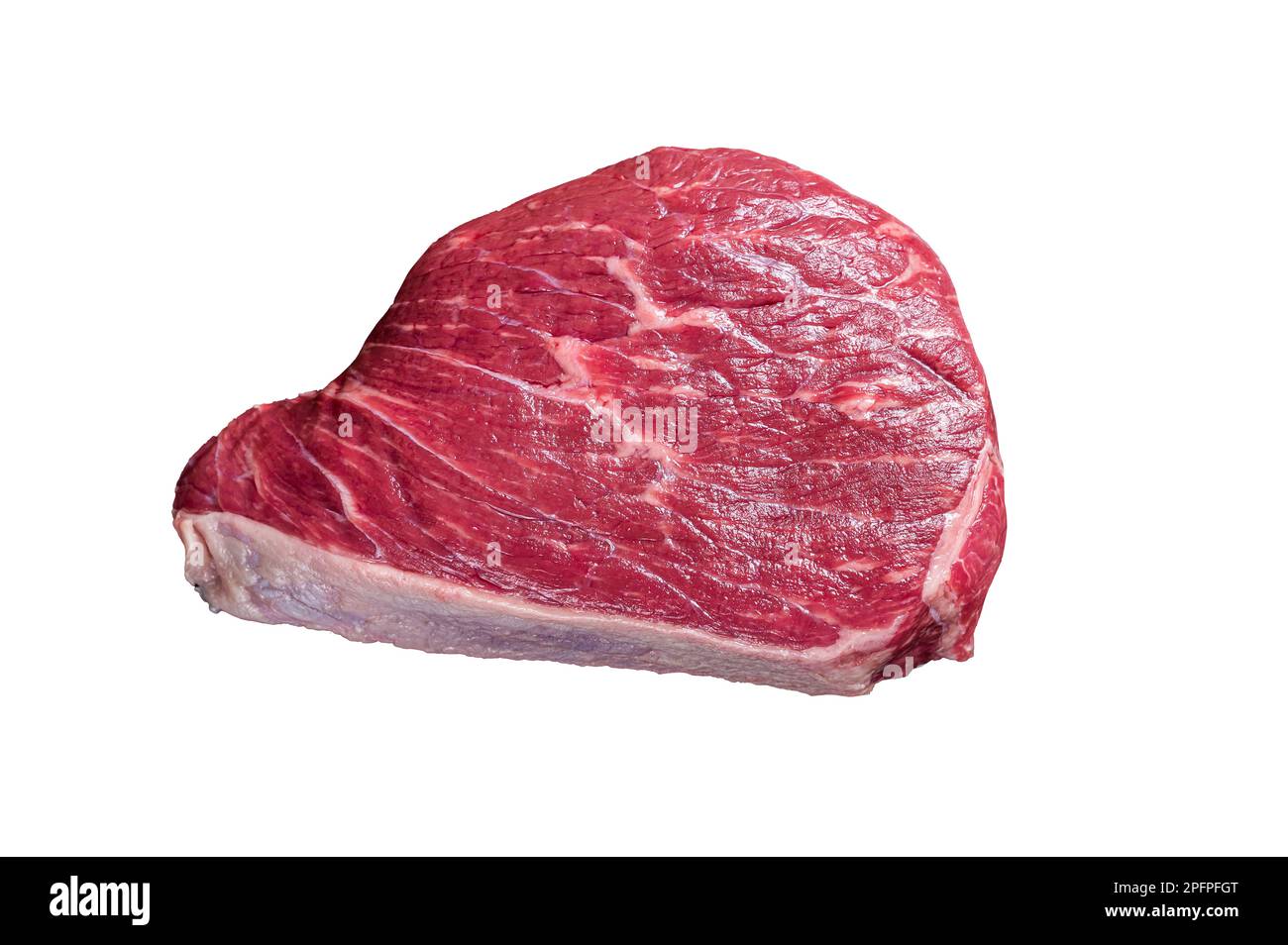 Raw rump beef cut or top sirloin meat steak on butcher table. Isolated ...