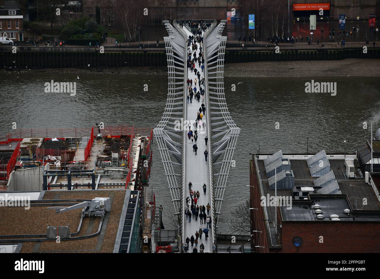 Aerial view of London Millennium FootBridge across the river thames ...
