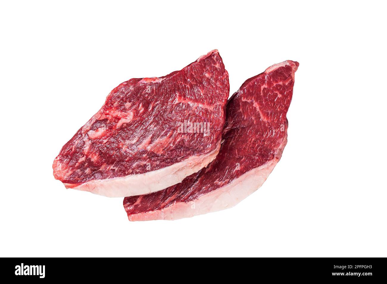 Raw top sirloin beef meat steak on a butcher cleaver, cap rump steak ...