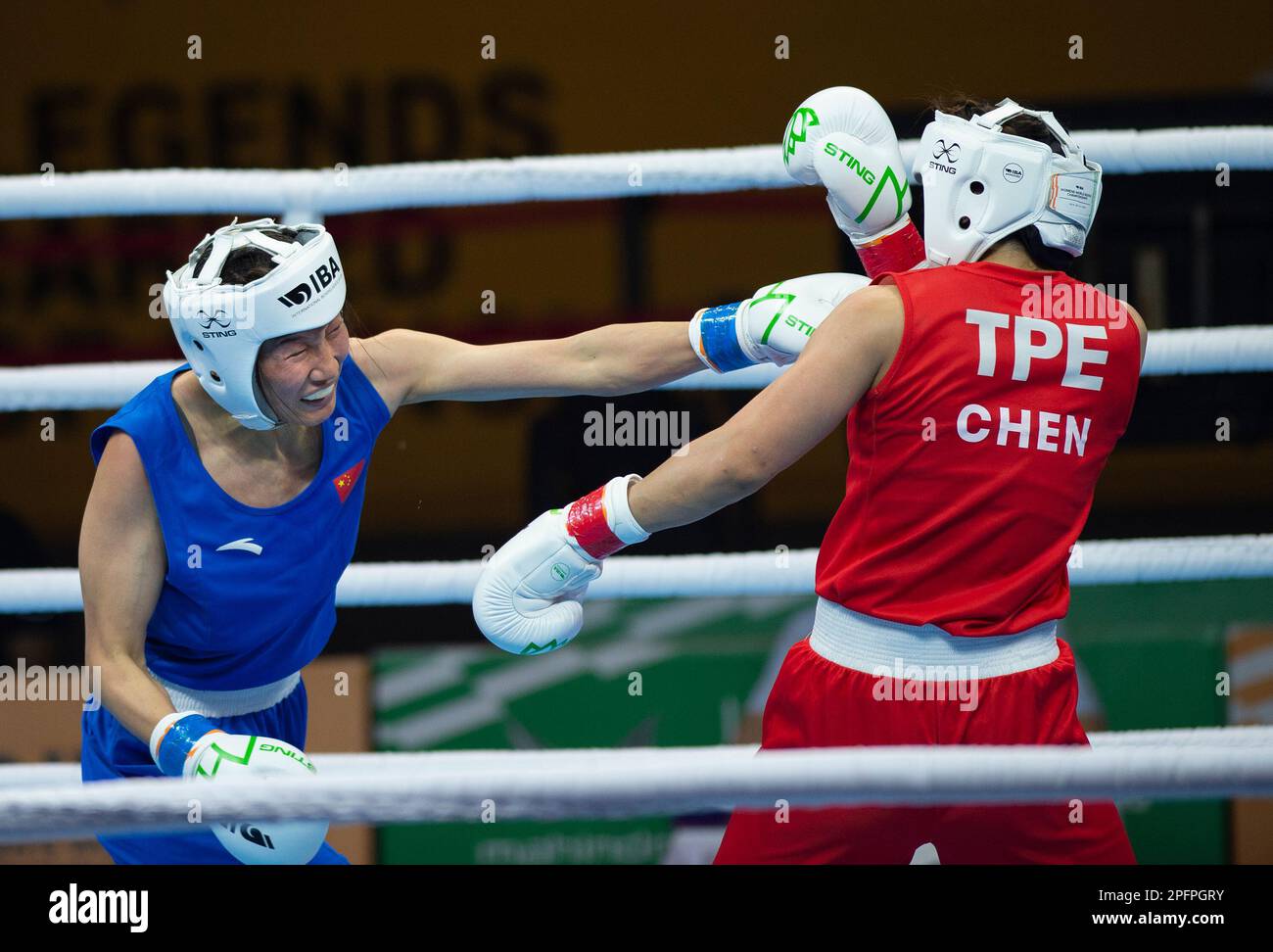 New Delhi, India. 18th Mar, 2023. Yang Liu (L) of China competes with ...