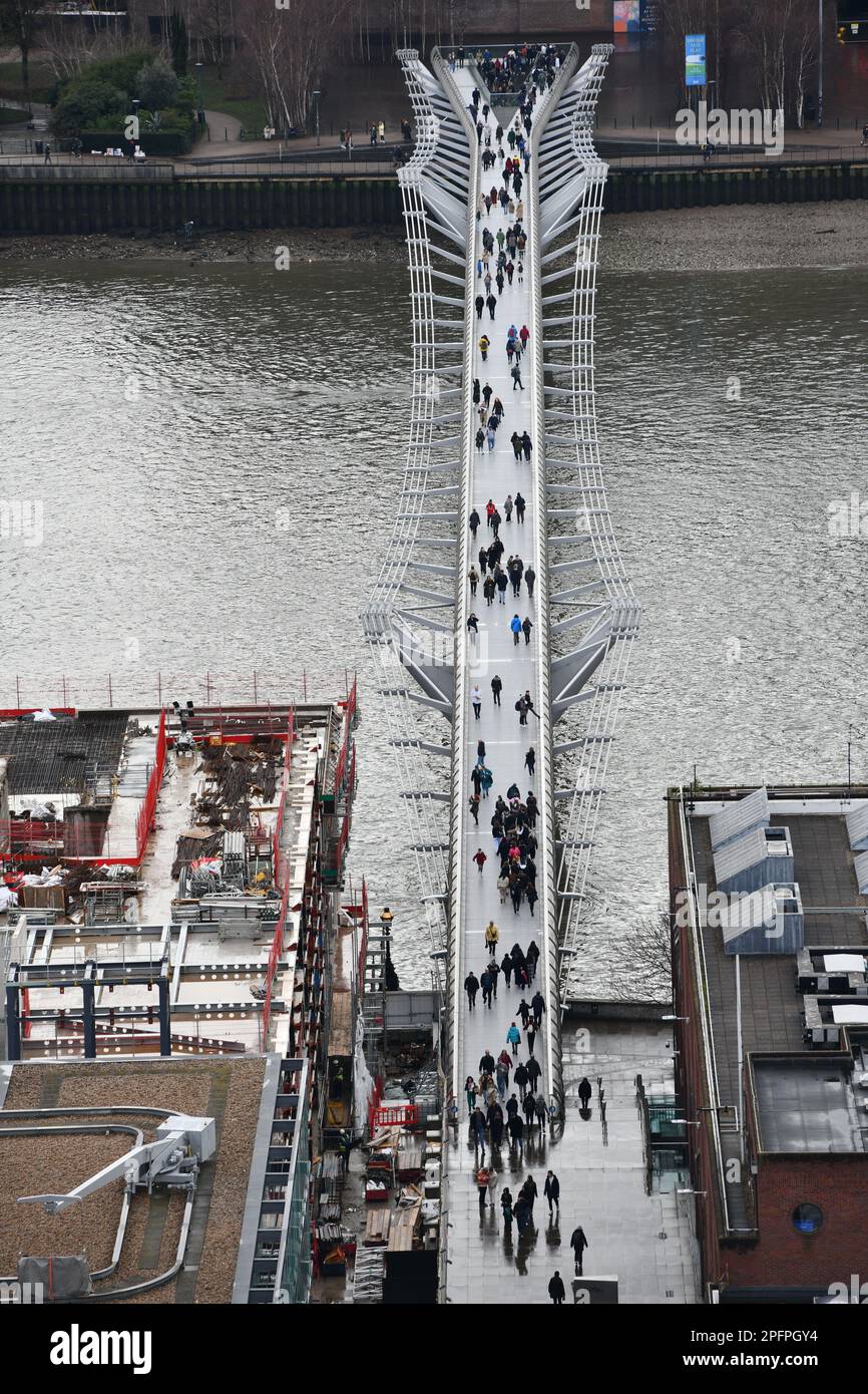 Aerial view of London Millennium FootBridge across the river thames ...