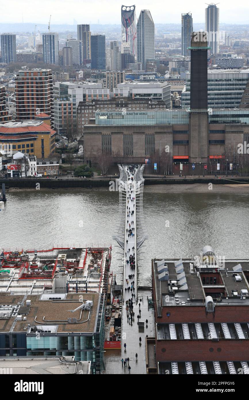 Aerial view of London Millennium FootBridge across the river thames ...